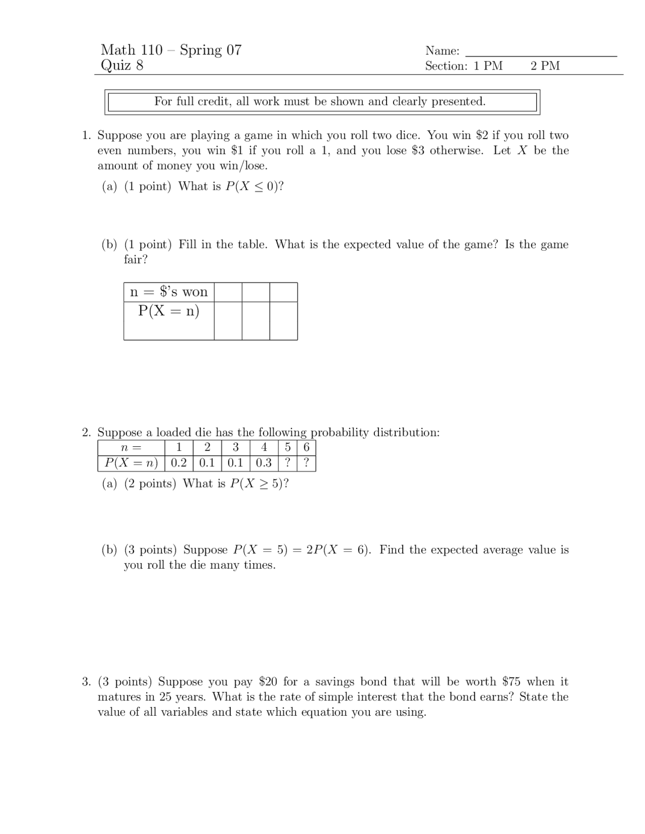 3 Questions Of Elementary Mathematics Models Quiz 8 Math 110 Docsity