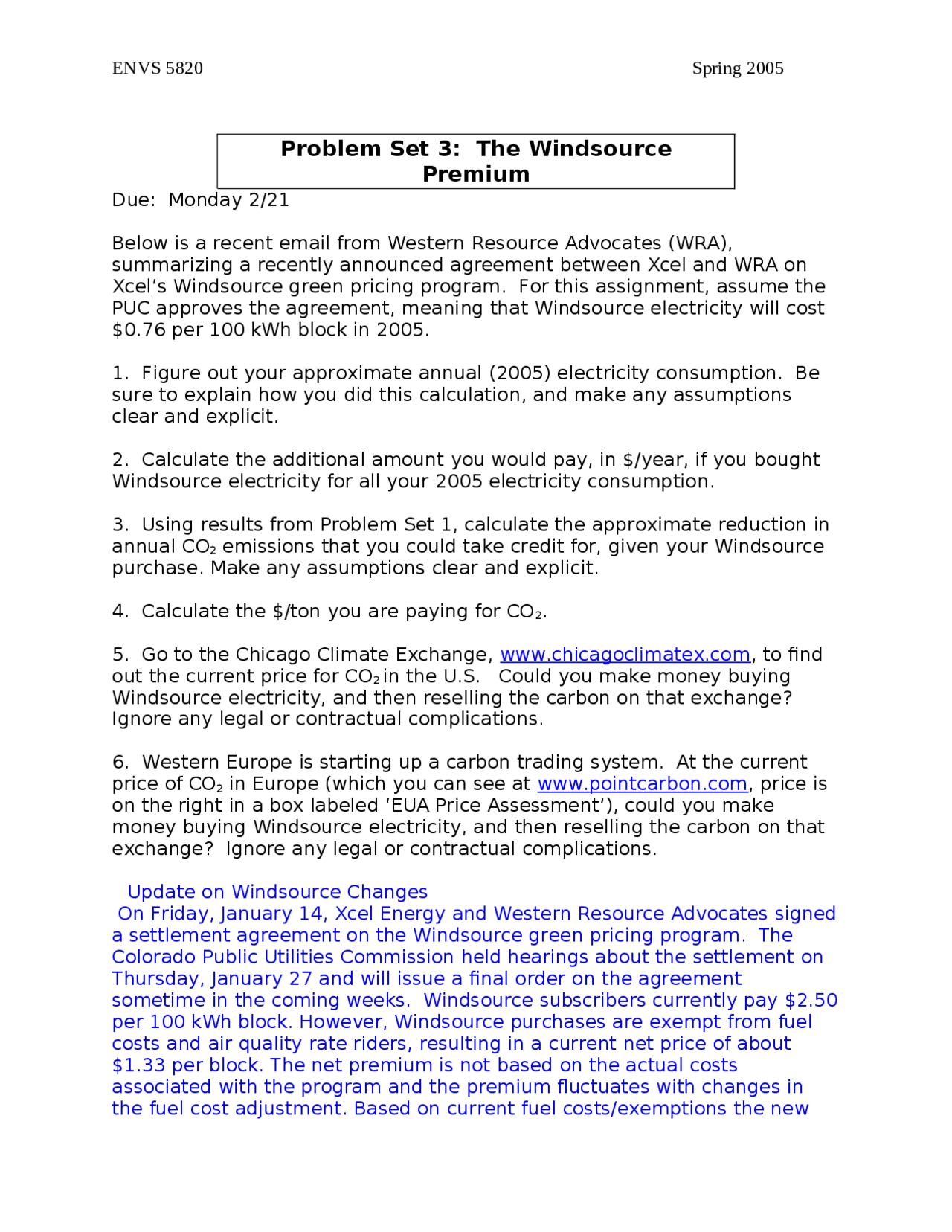 The Window Source Premium - Problem Set #3 | ENVS 5820 - Docsity