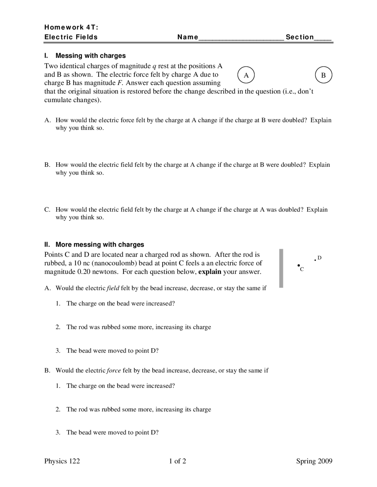 Messing With Charges Electric Fields Homework 4t Phys 122 Docsity