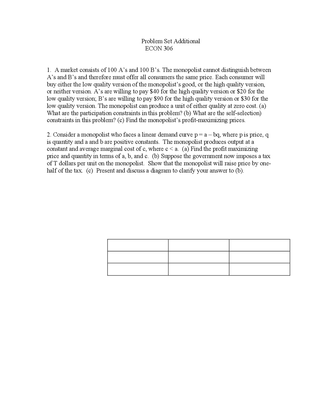 Problem Set Additional Intermediate Microeconomics Theory Econ 306