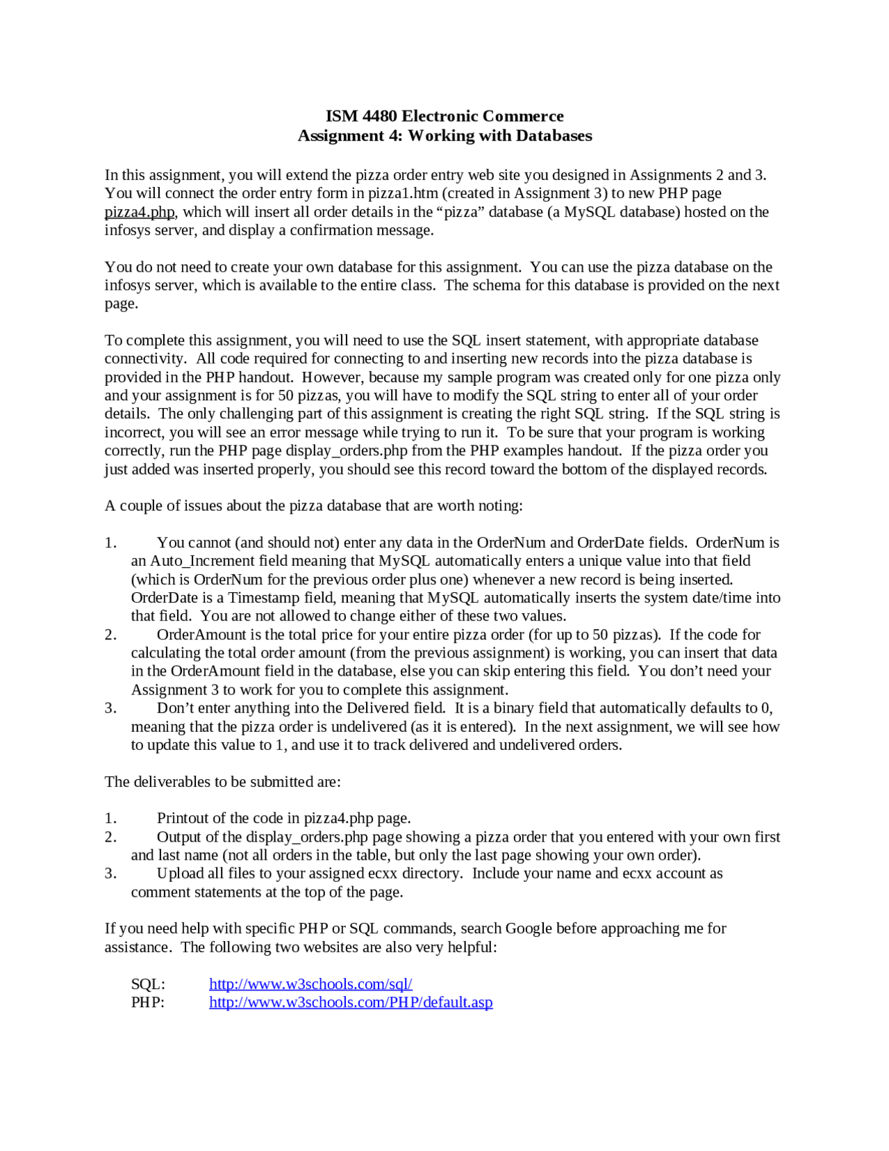 ISM 4480 Electronic Commerce Assignment 4: Database Interaction with PHP | Assignments ...