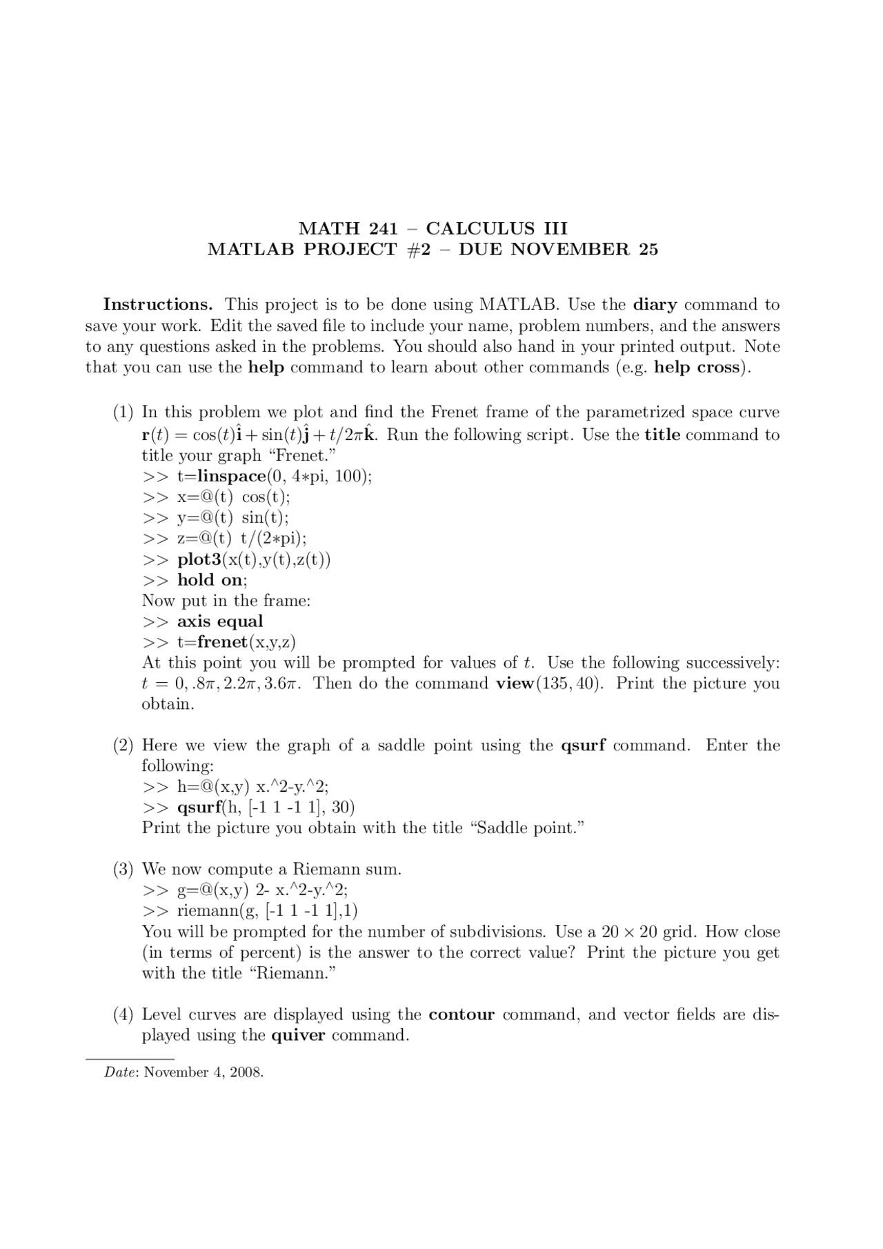 Project 2 Matlab Calculus Iii Math 241 Docsity