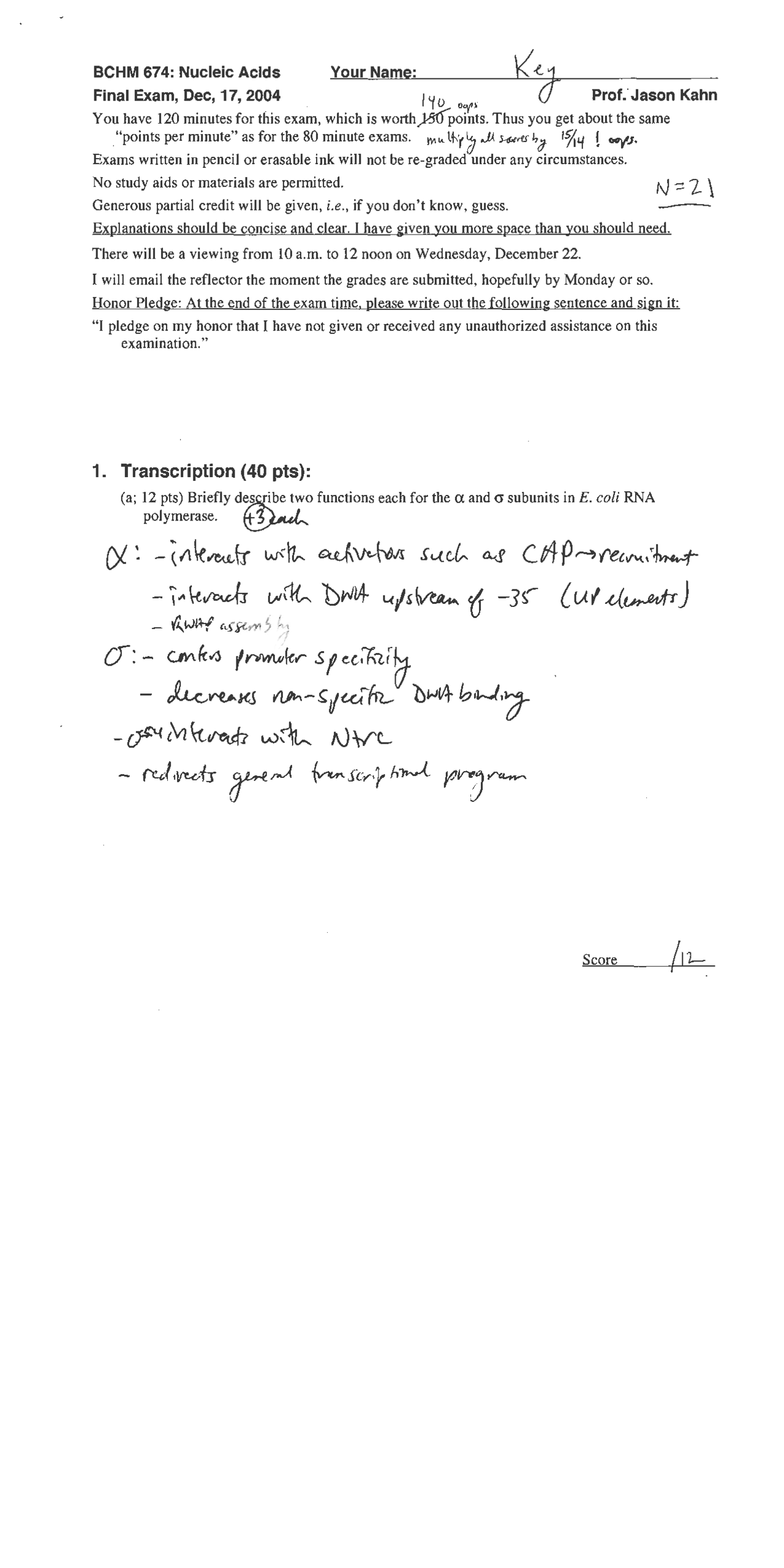 Final Exam With Resolution On Nucleic Acids Bchm 465 Docsity