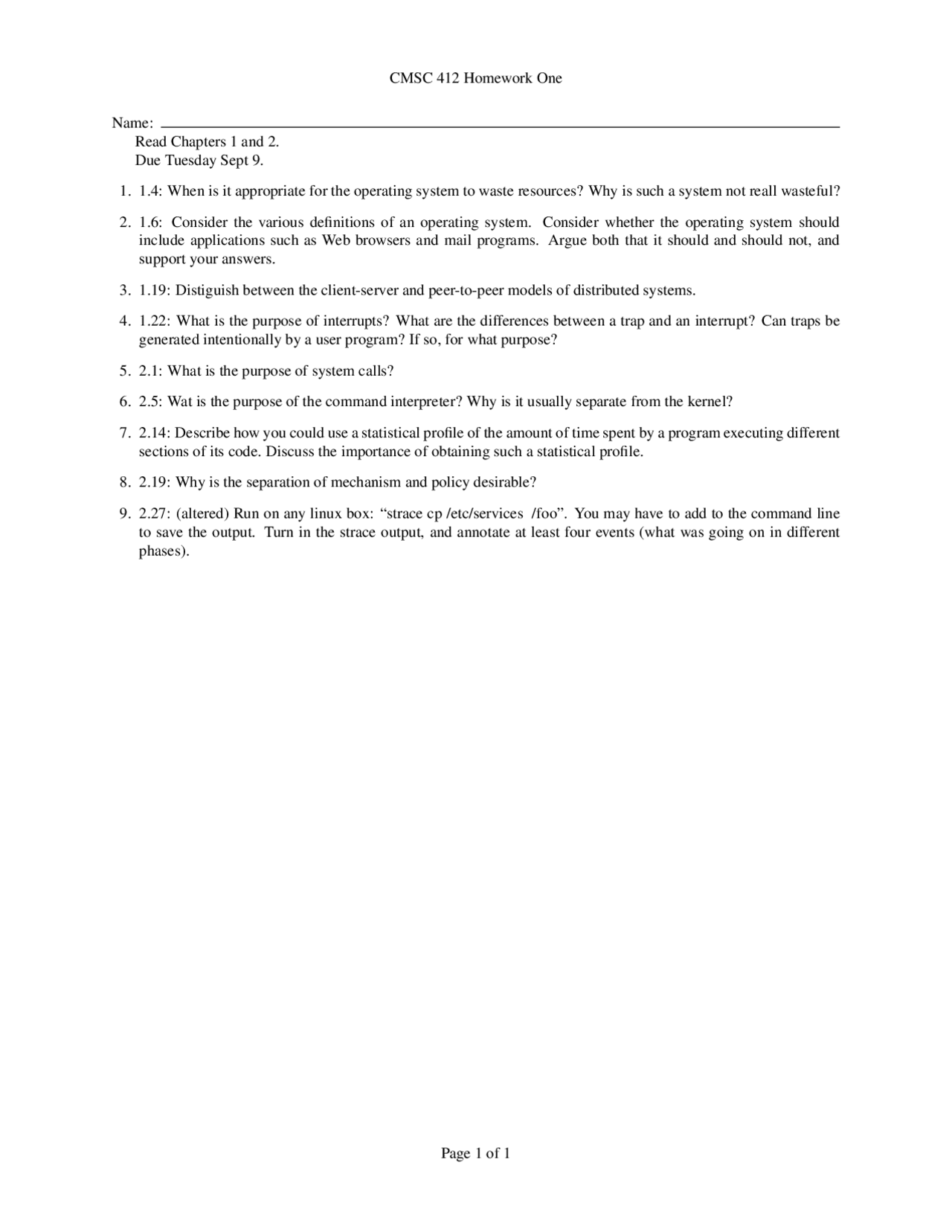9 Questions Homework 1 Operating Systems Cmsc 412 Docsity 4544