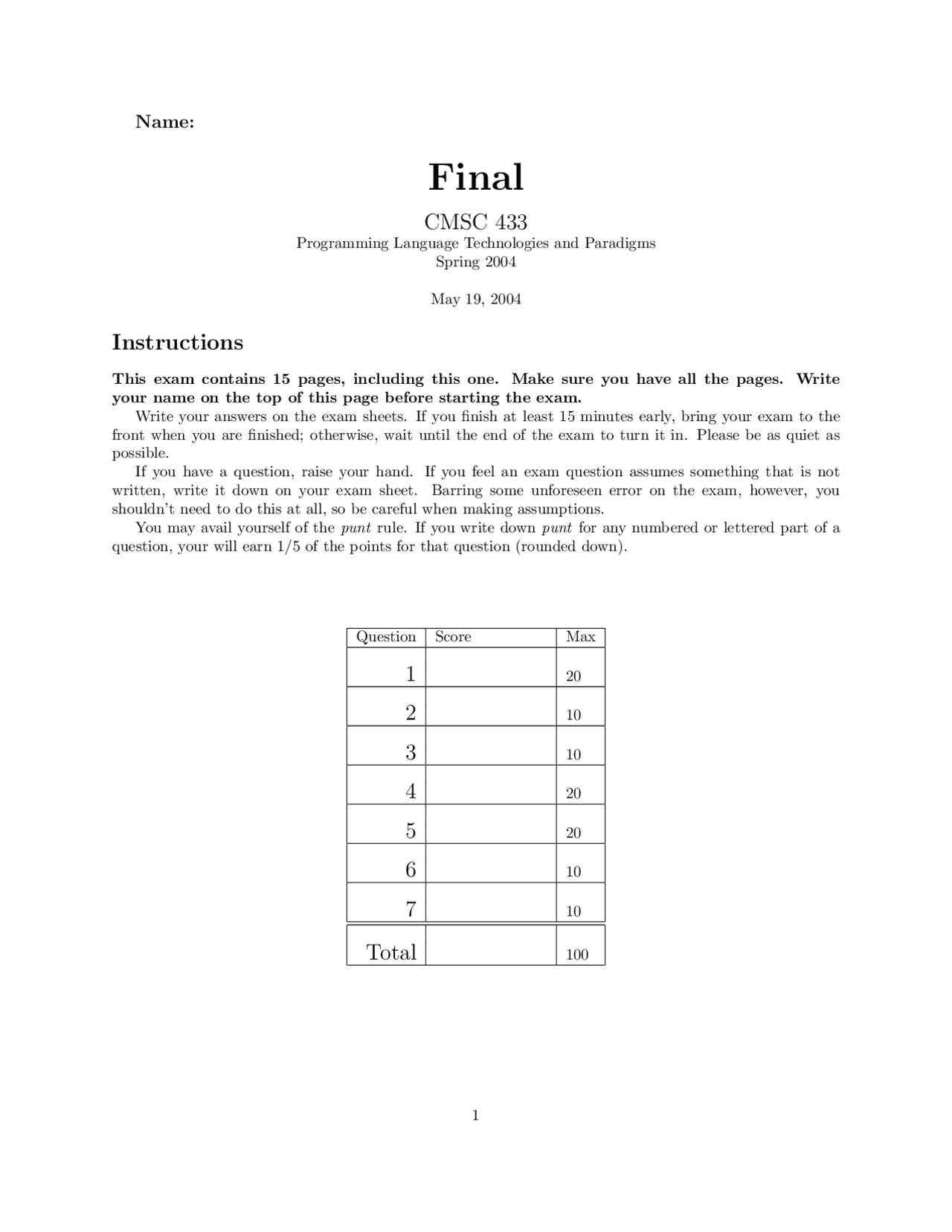Final Exam Programming Language Technologies And Paradigms Cmsc 433