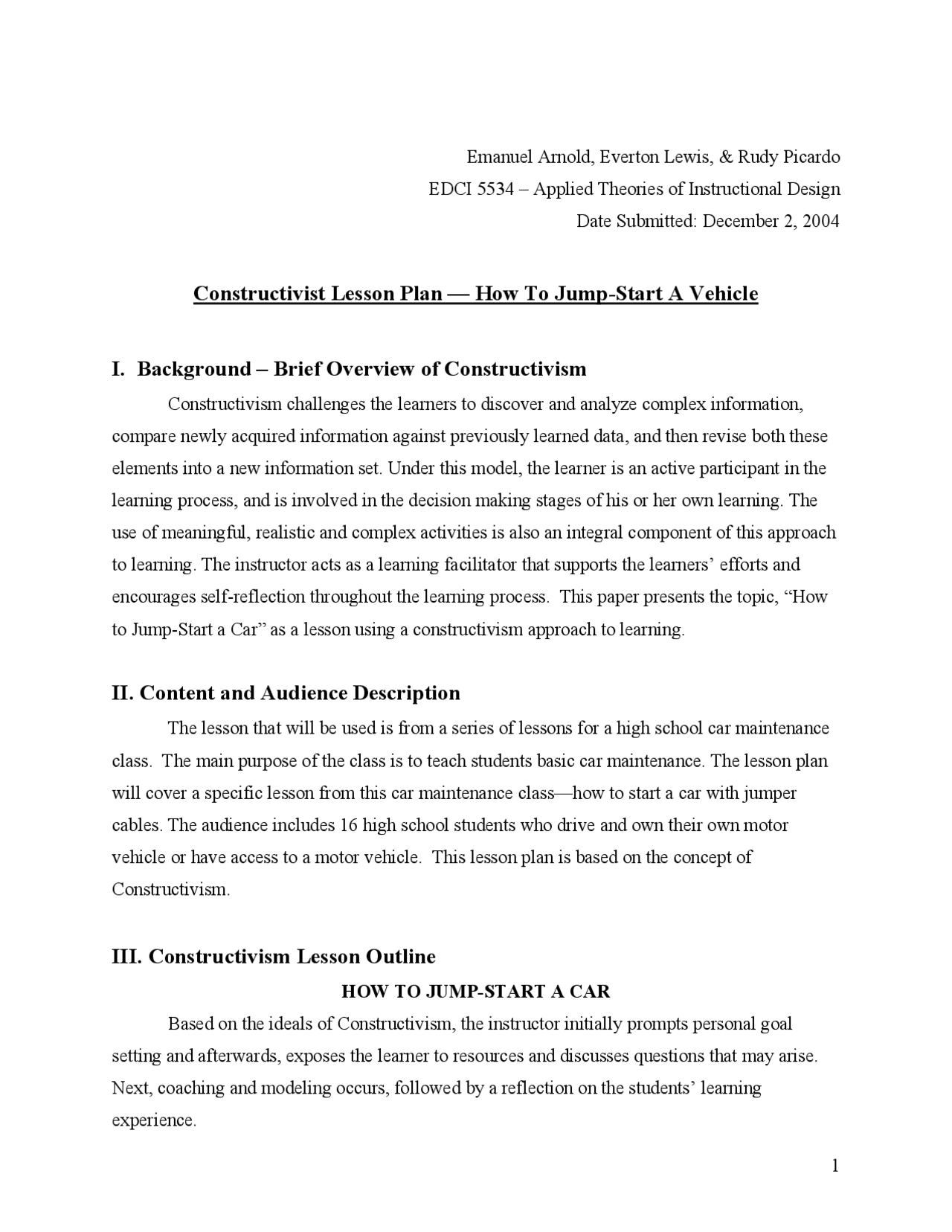 Constructivist Lesson Plan - How To Jump-Start A Vehicle - Applied ID ...