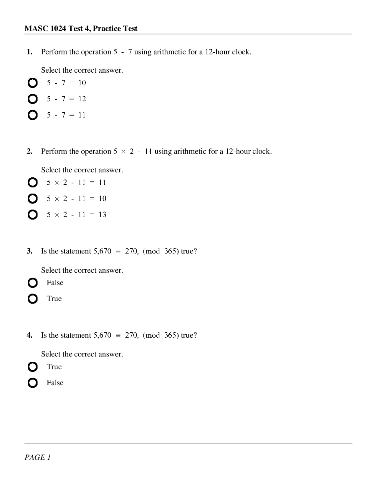Practice Test # 4 - Mathematics, Science and Arts | MASC 1024 - Docsity