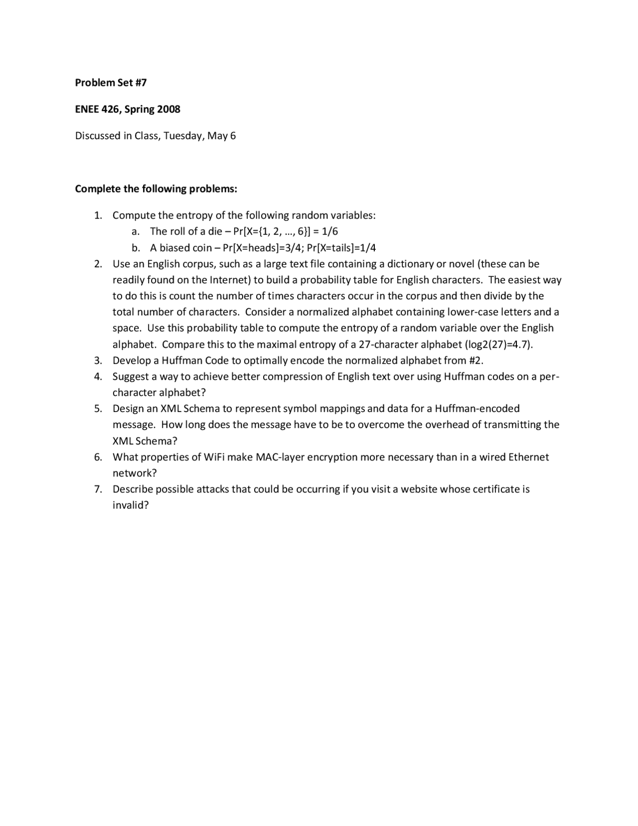 Communication Network Homework Set 7 Questions Enee 426 Docsity