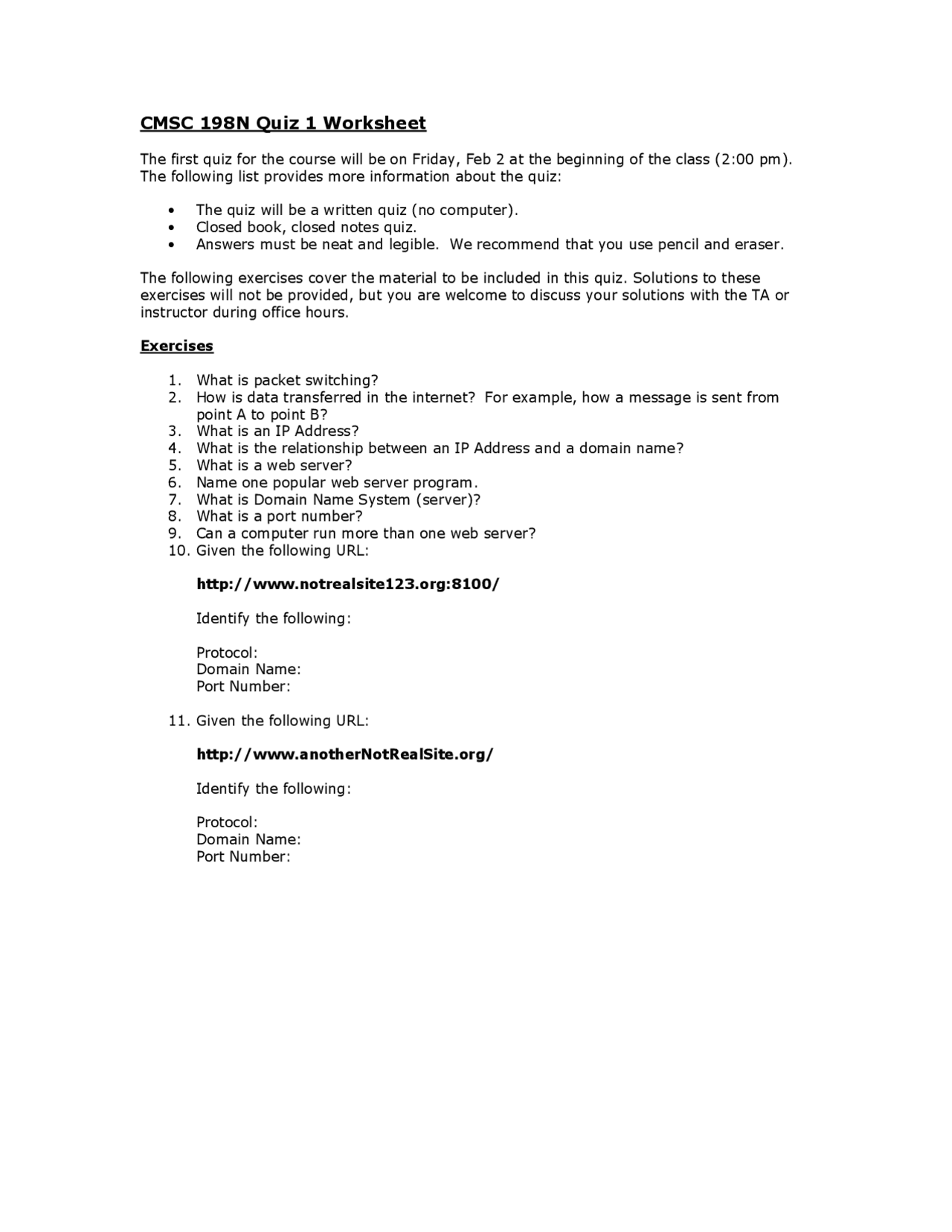CMSC 198N Quiz 1 Worksheet: Preparing for Written Quiz on Internet ...