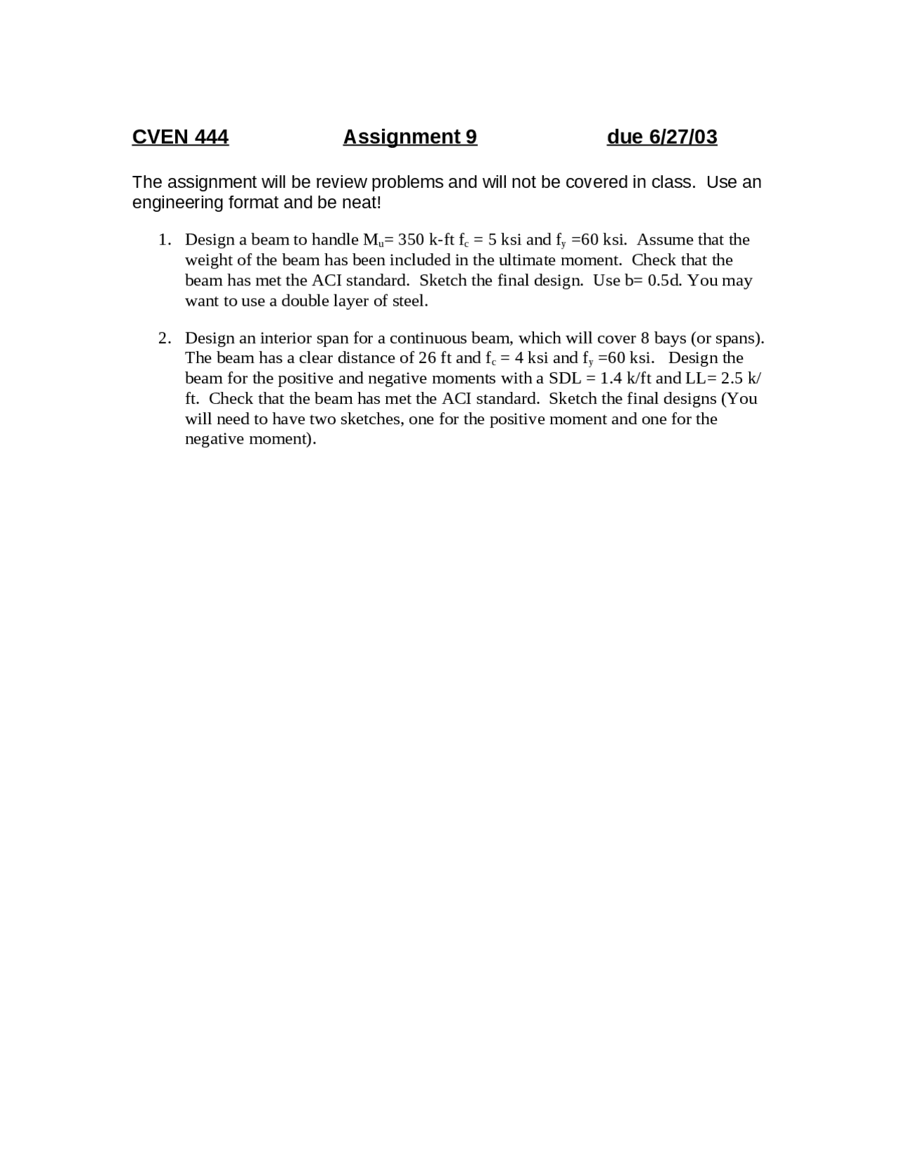 2 Problems On Structure Concrete Design Assignment 2 Cven 444 Docsity