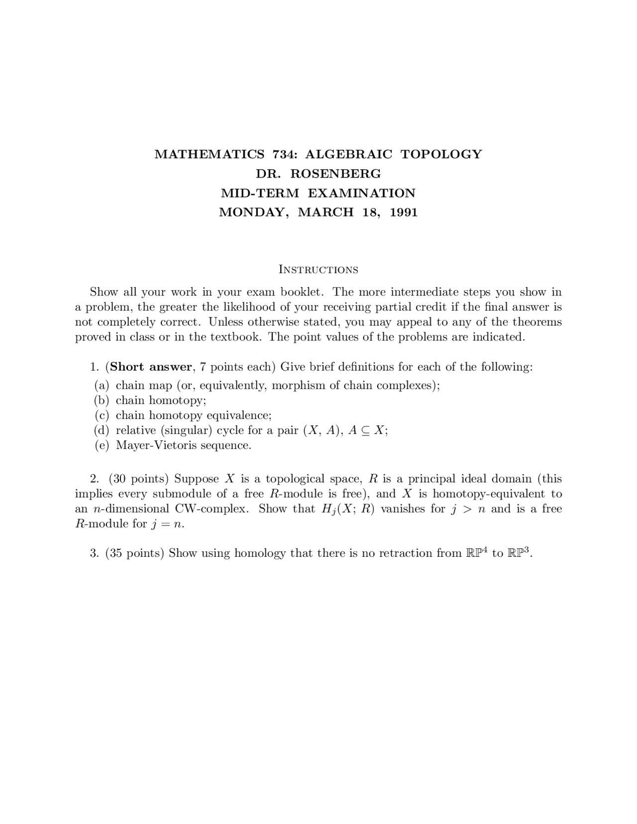 Midterm Examination With Questions Algebraic Topology Math 734