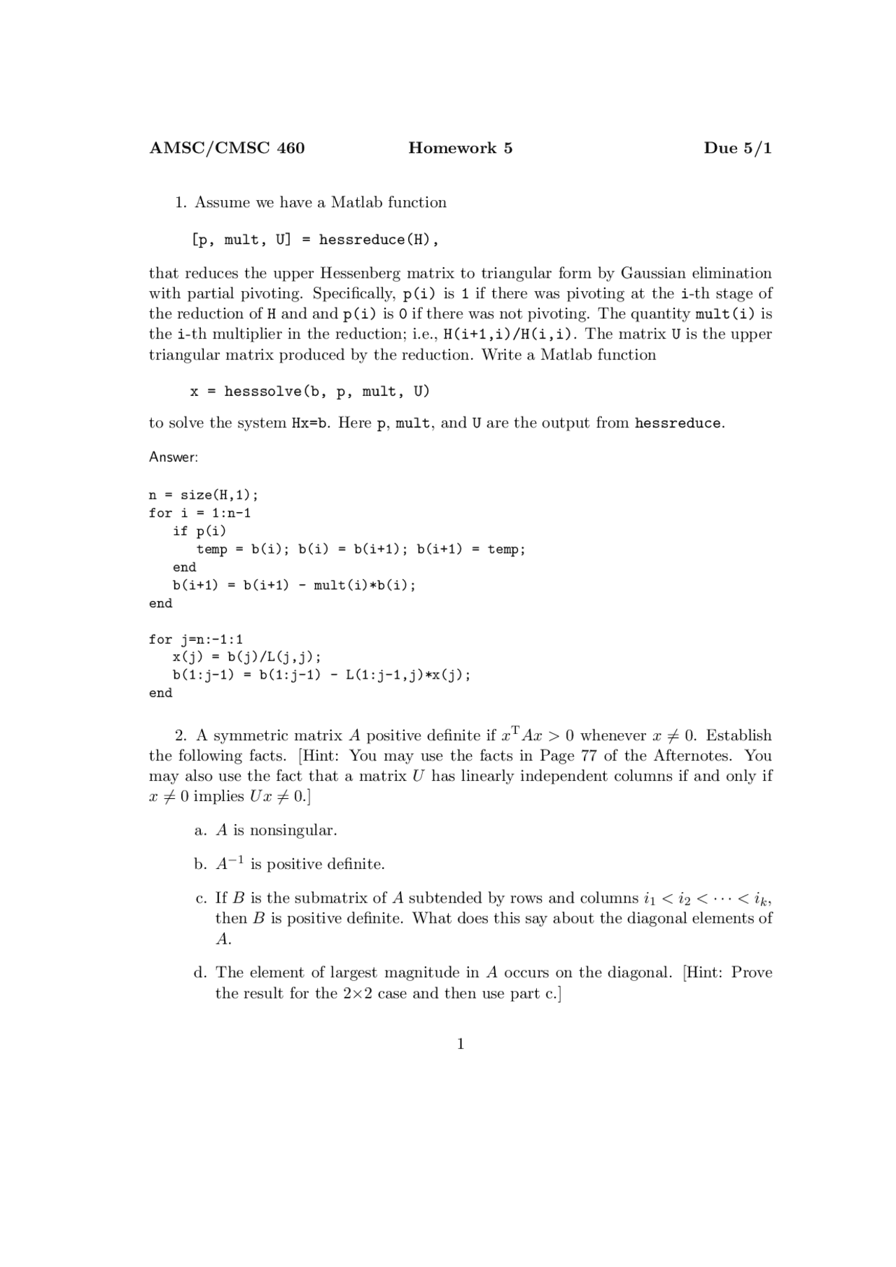 AMSC/CMSC 460 HW5: Hessenberg matrix reduction & positive definite matrices - Prof. Gilber ...