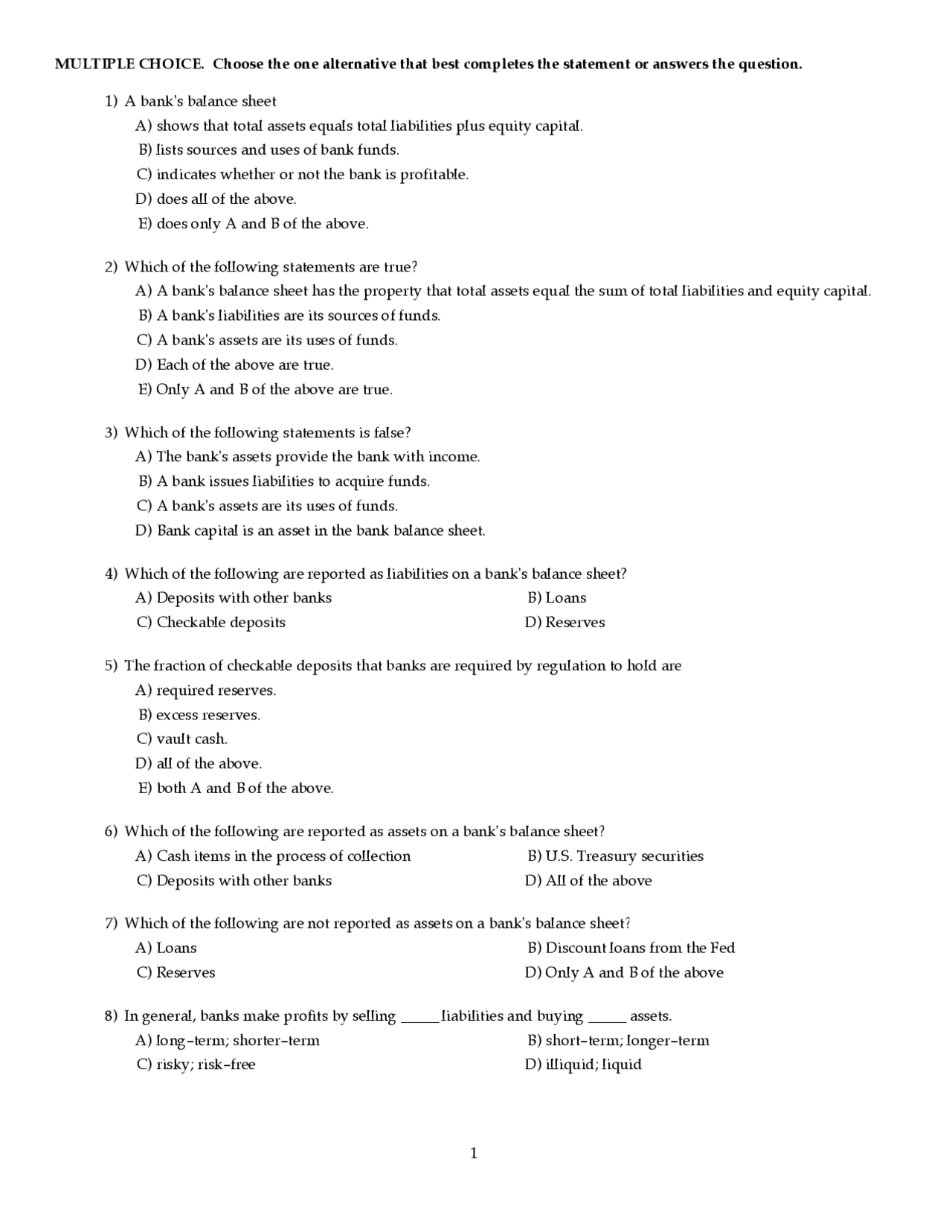 Money and Banking - Practice Quiz Questions | ECON 330 - Docsity