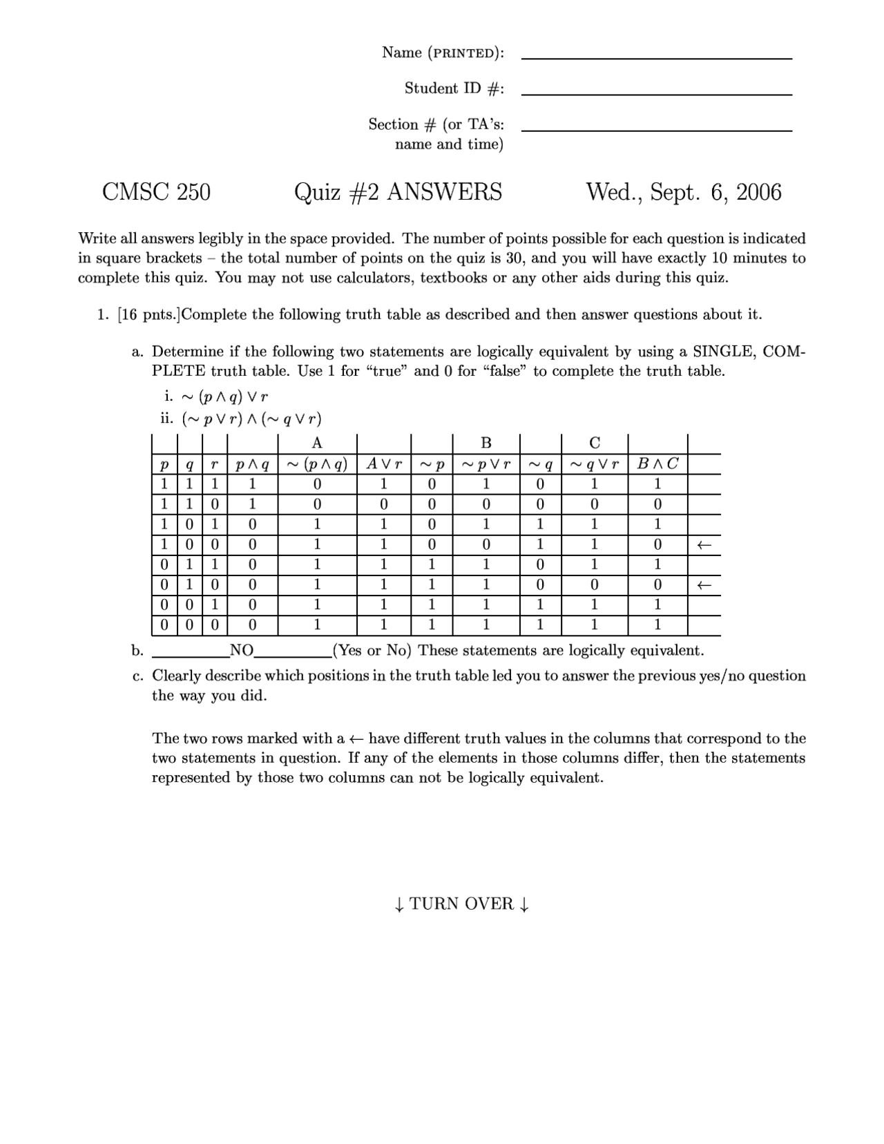 Quiz 2 With Answers Discrete Structures 2006 Cmsc 250 Docsity