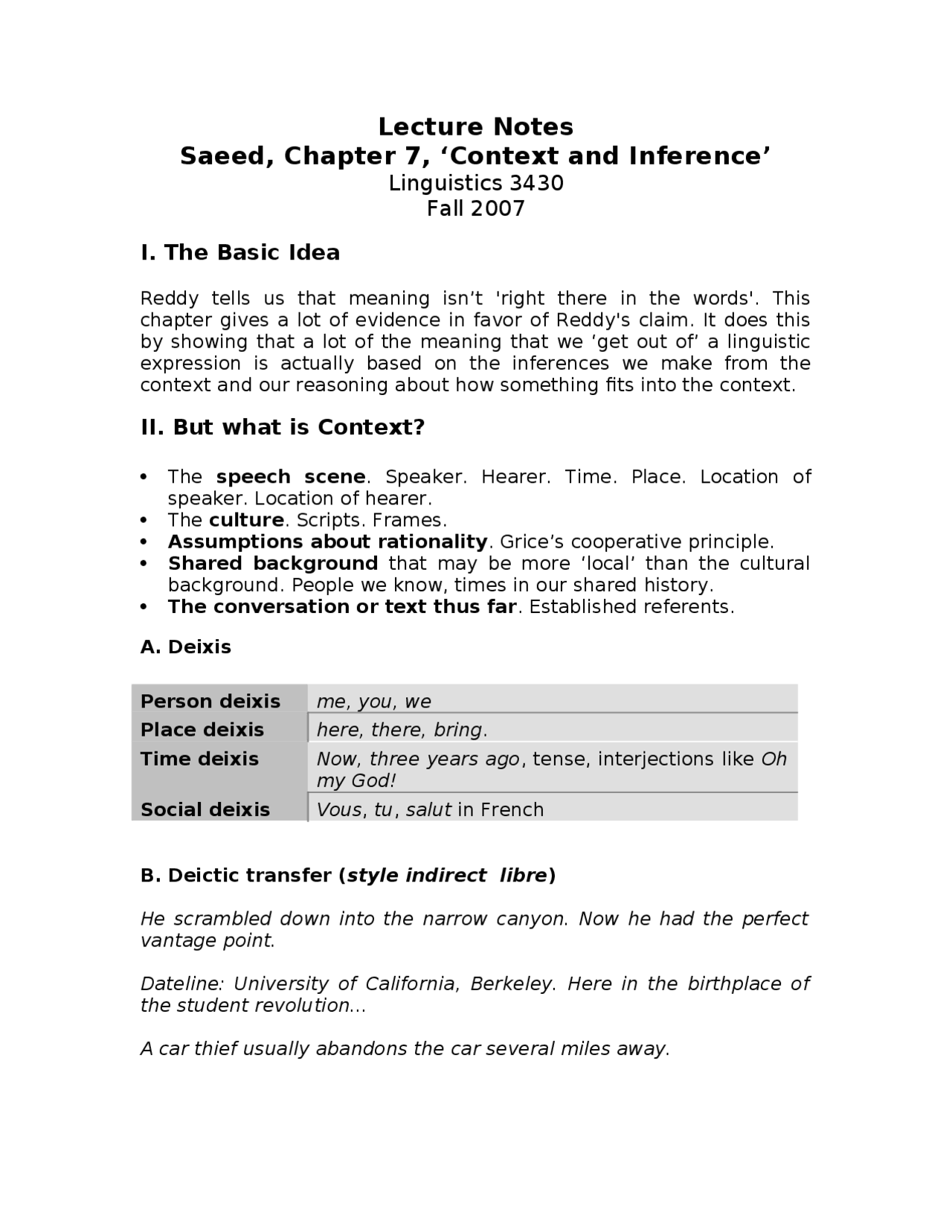 Context and Inference - Semantics - Lecture Notes | LING 3430 - Docsity