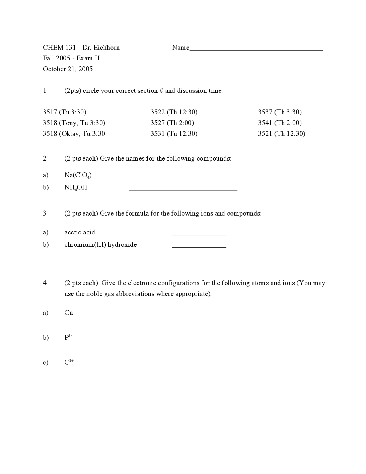14 Unsolved Questions On Chemistry Fundamentals I Chem 131 Docsity