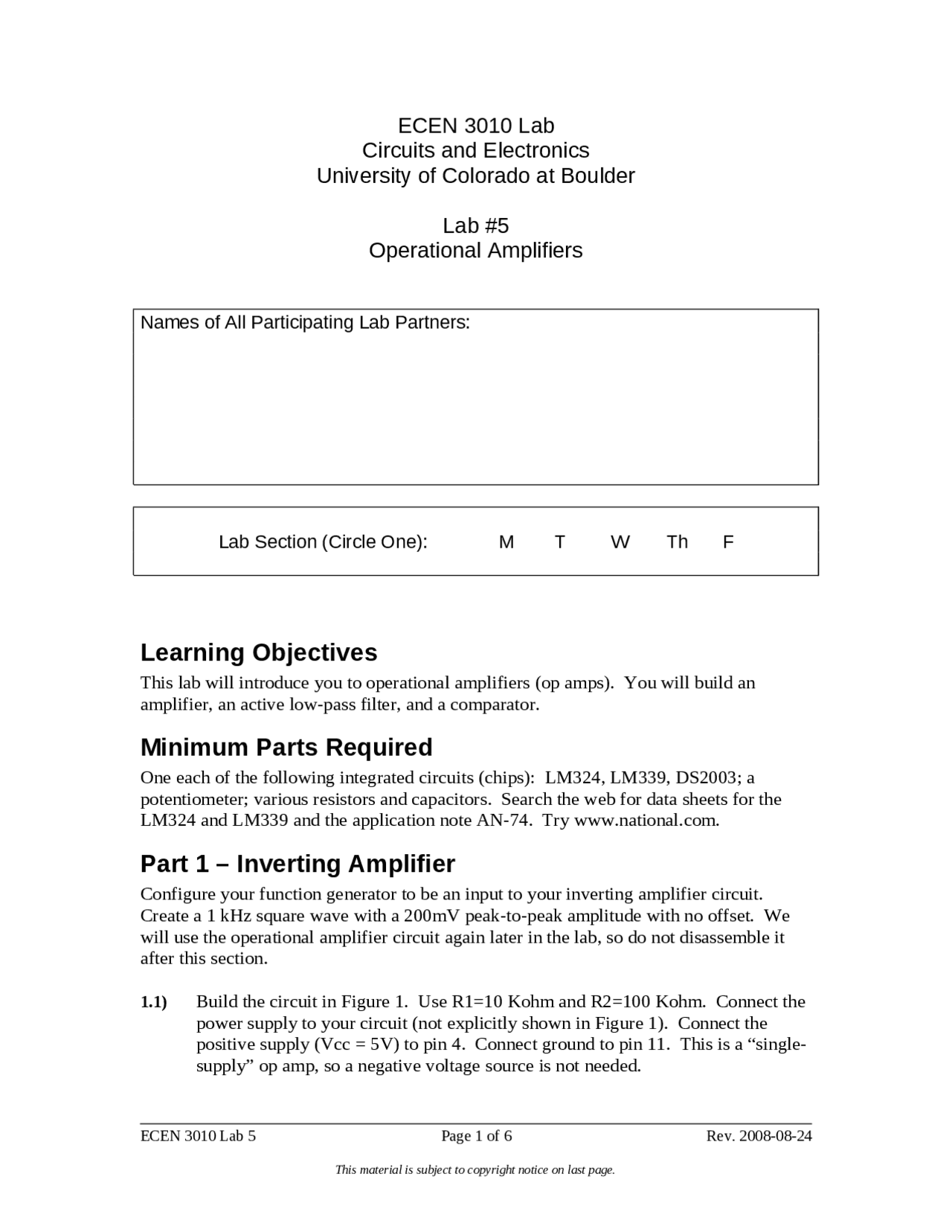 Laboratory 5 Operational Amplifiers Ecen 3010 Docsity