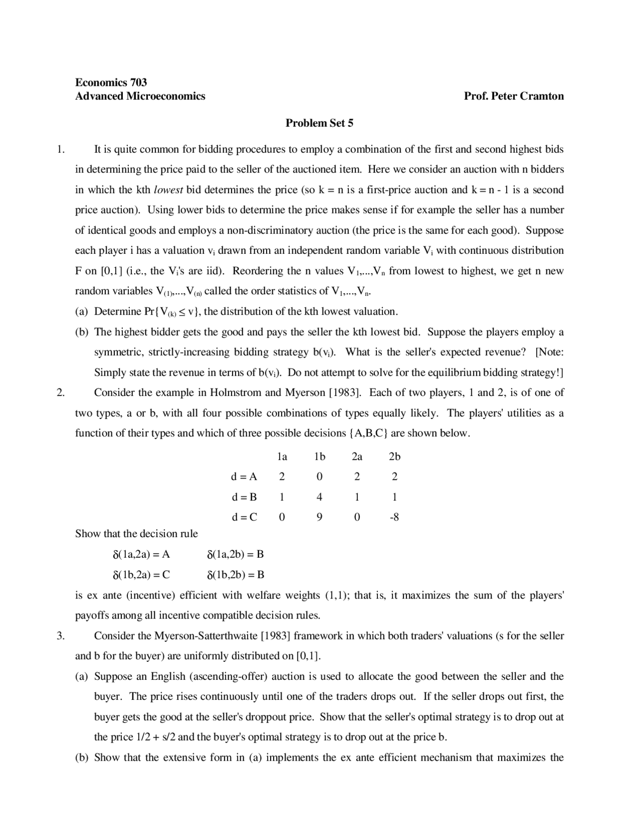 Advanced Microeconomics Problem Set 5 Econ 703 Docsity