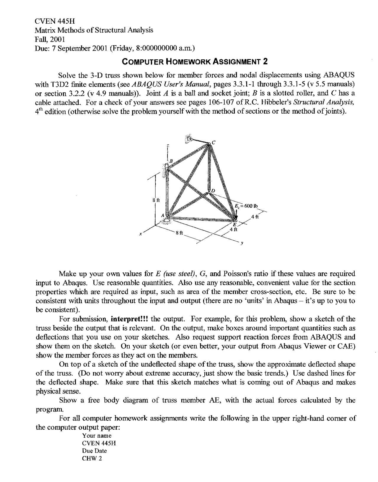 Assignment 2 Matrix Methods Of Structural Analysis Fall 2001 Cven