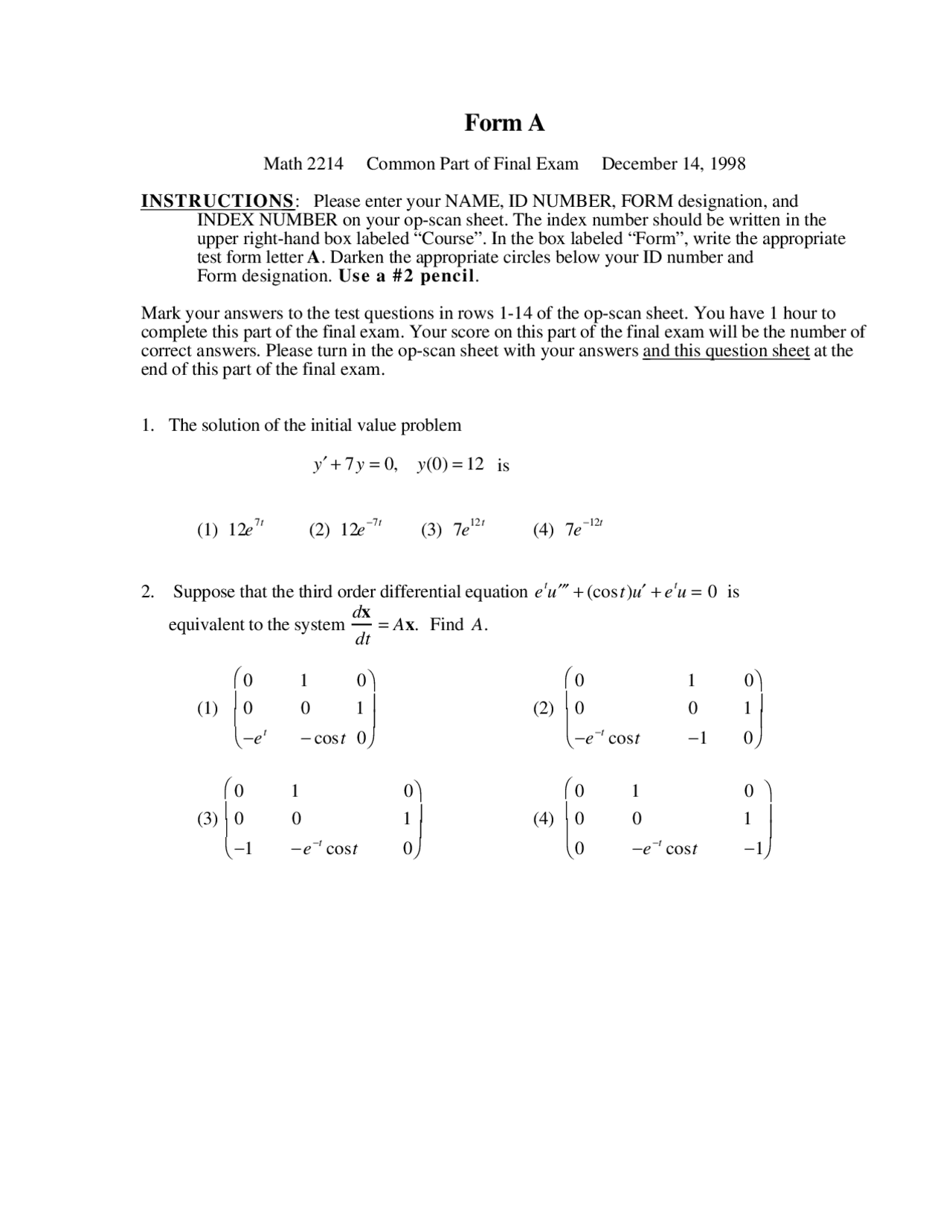 14 Questions In Final Exam Form A Introduction To Differential