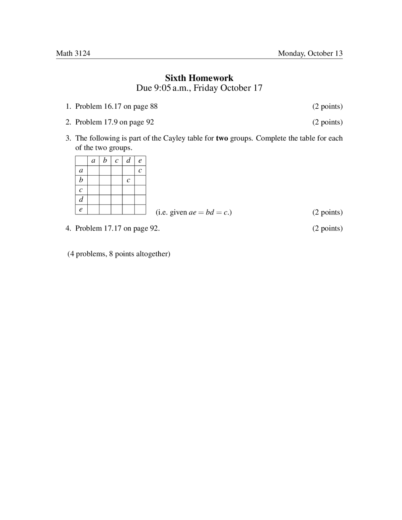 Sixth Homework Problems Modern Algebra Math 3124 Docsity