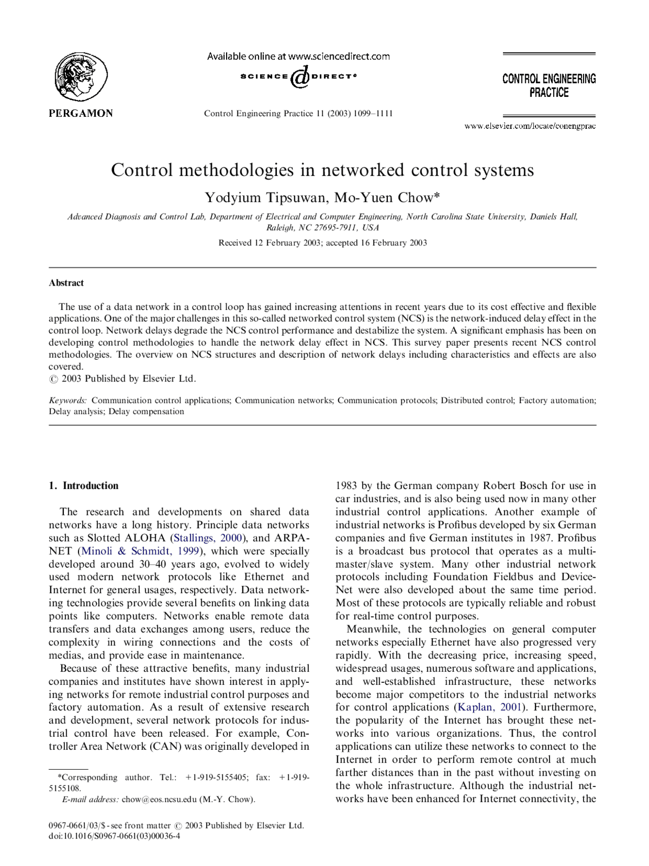 Control Methodologies In Networked Control Systems Thesis Meen 411