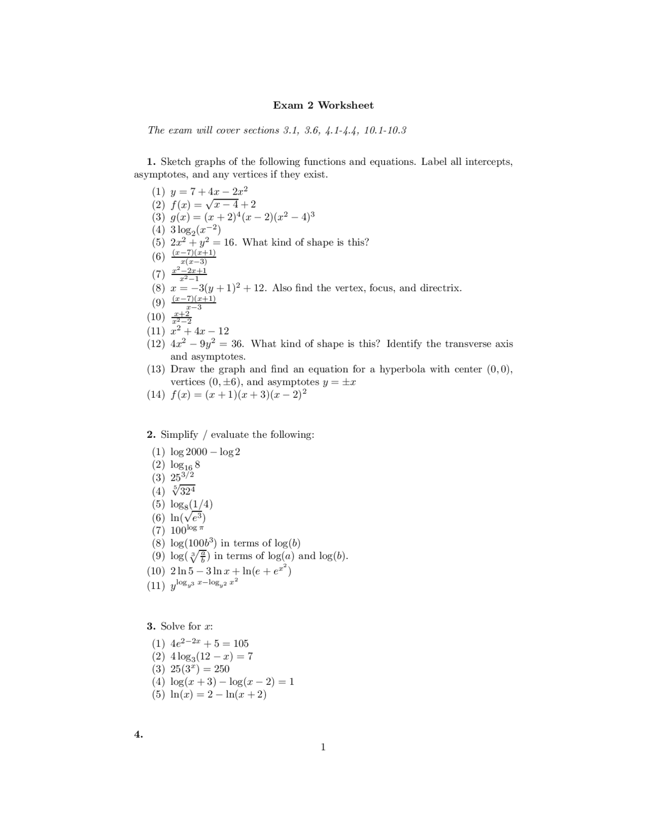 Exam 2 Worksheet Precalculus Math 115 Docsity