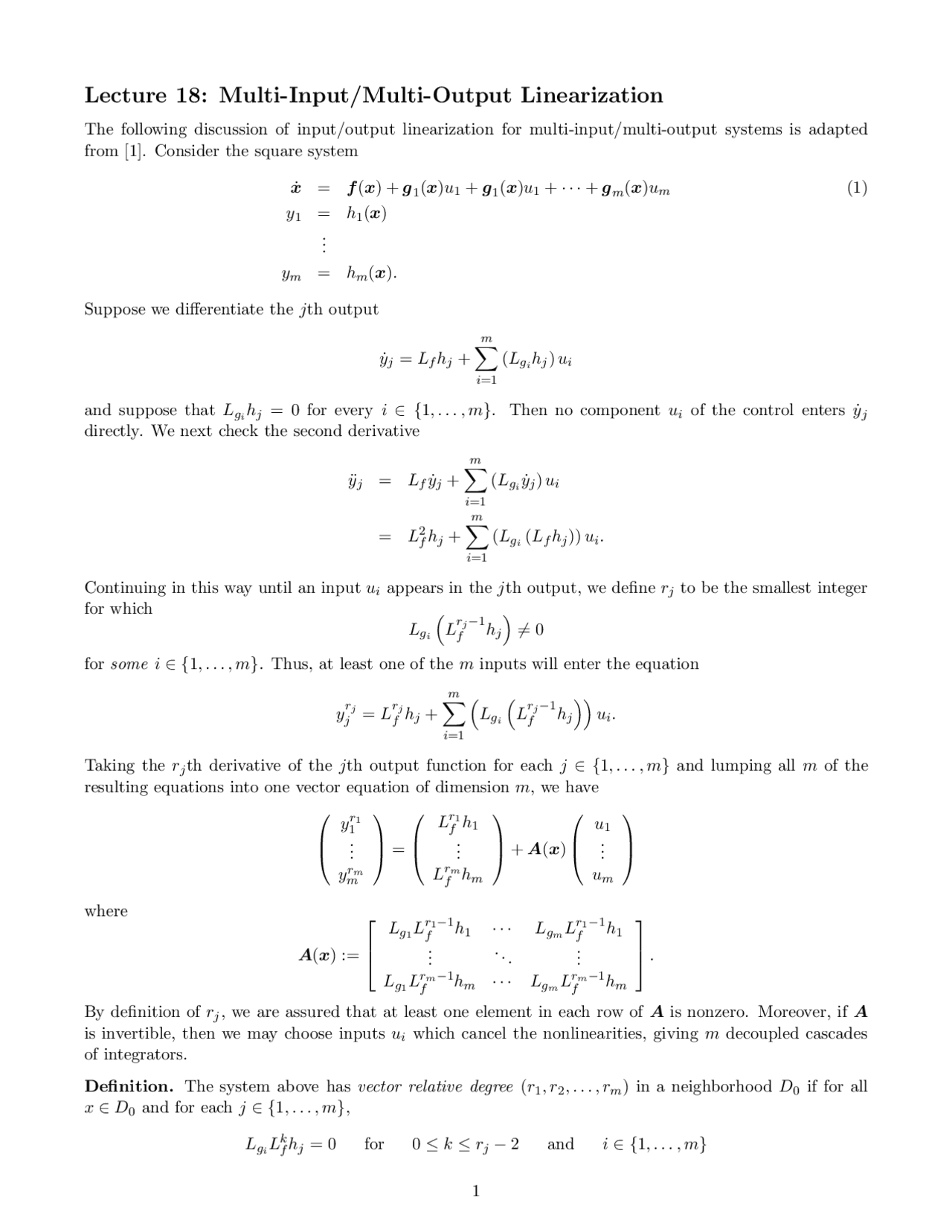 Lecture 18 Notes For Exam Multi Input And Multi Output Linearization Aoe 5344 Docsity