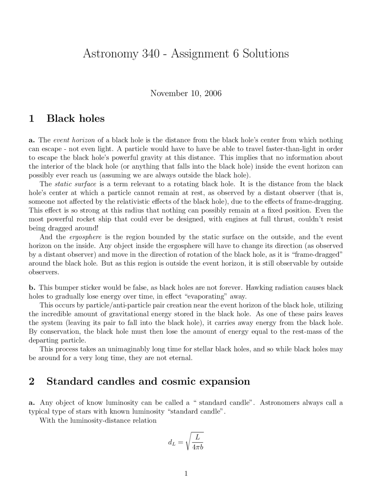 Astronomy 340 - Assignment 6: Black Holes, Standard Candles, and Redshift | Assignments ...