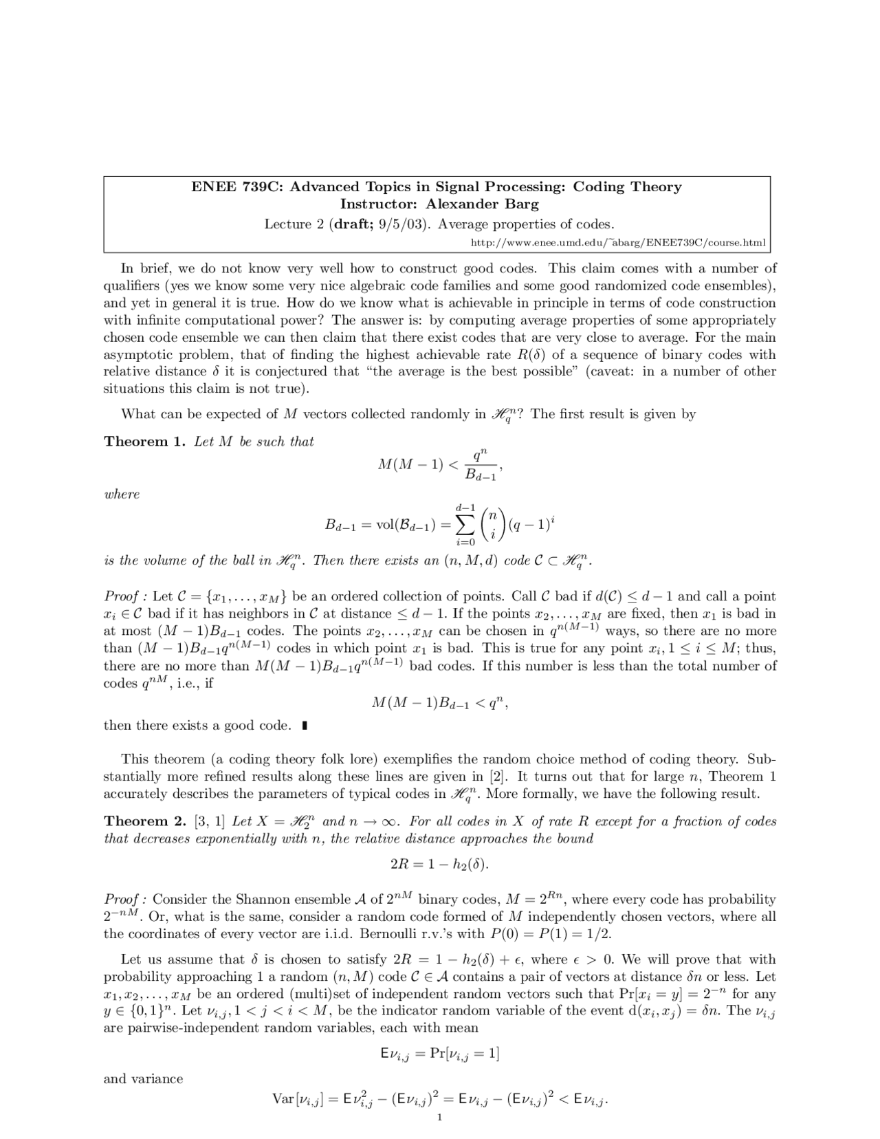 Average Properties Of Codes Lecture Handout Enee 739 Docsity