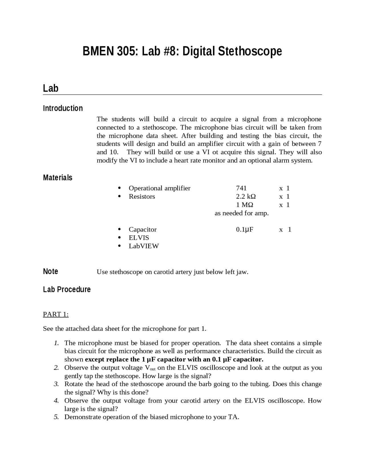 Digital Stethoscope - Bioinstrumentation - Lab 8 | BMEN 305 - Docsity