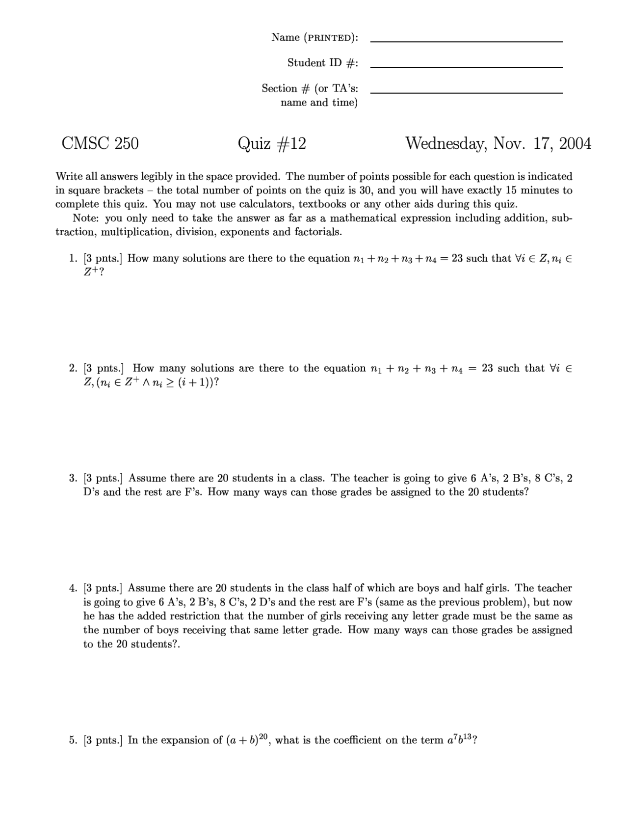 Practice Quiz 12 Discrete Structures Cmsc 250 Docsity