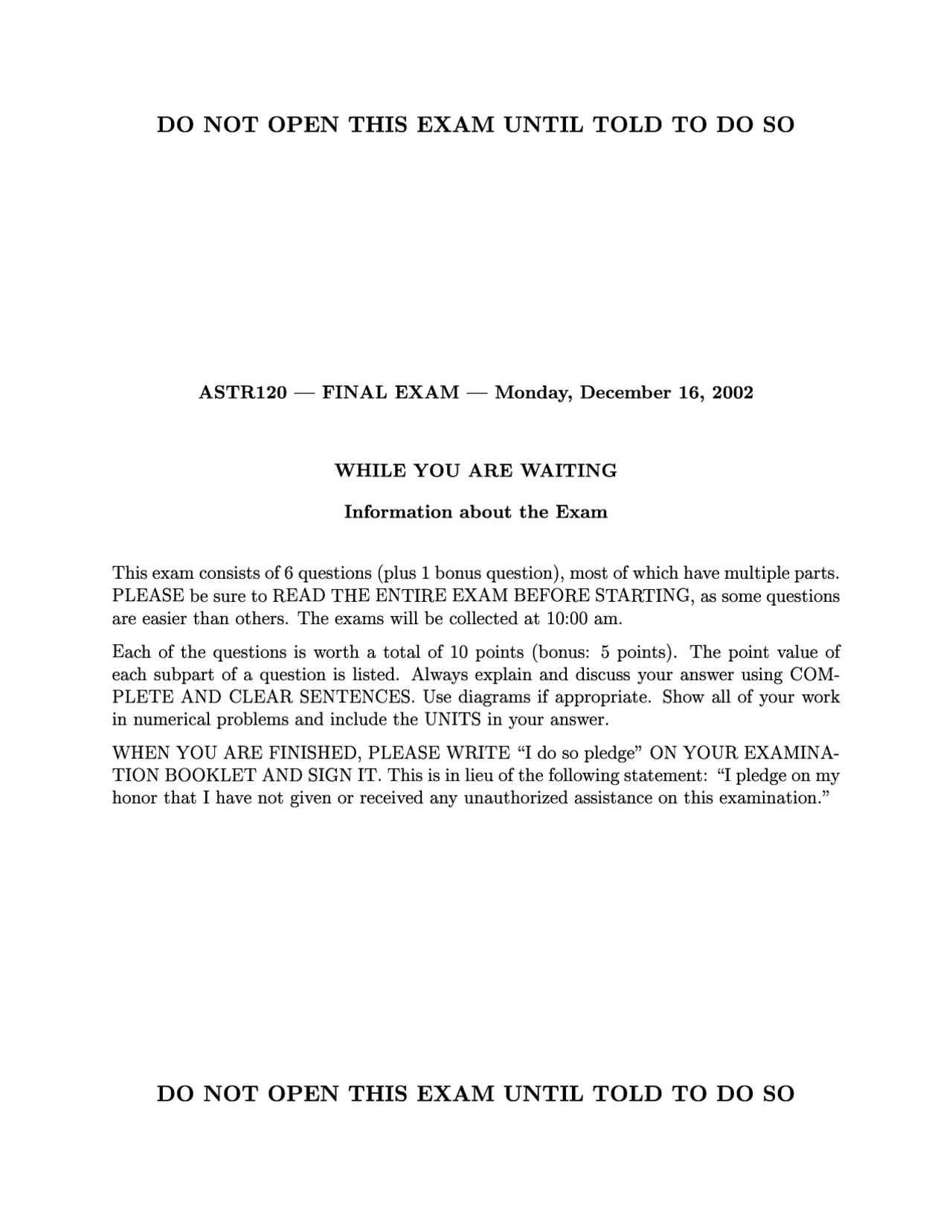 Astrophysics Exam With Questions And Problems Astr 120 Docsity