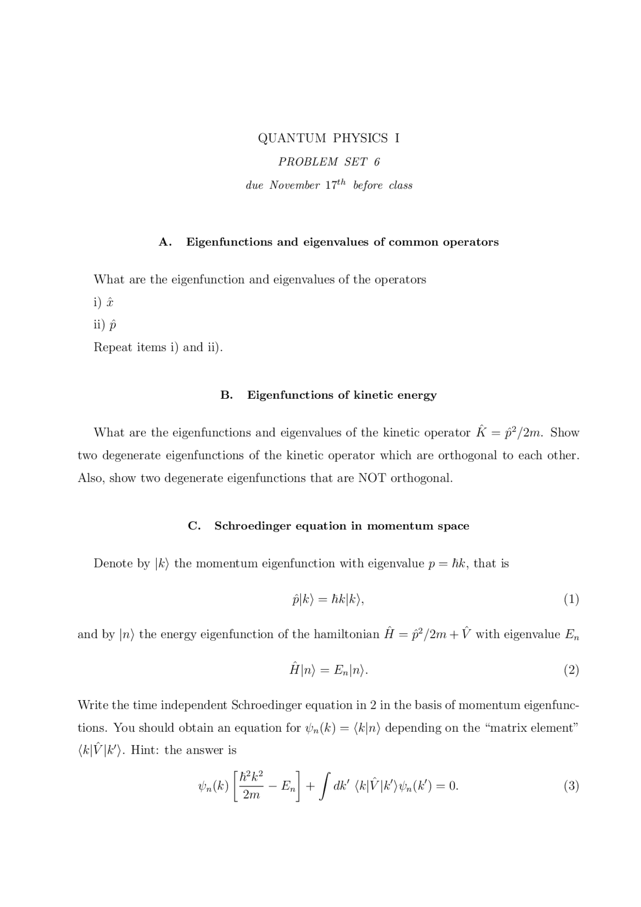 Eigenfunctions and Eigenvalues - Problem Set 6 | PHYS 401 - Docsity