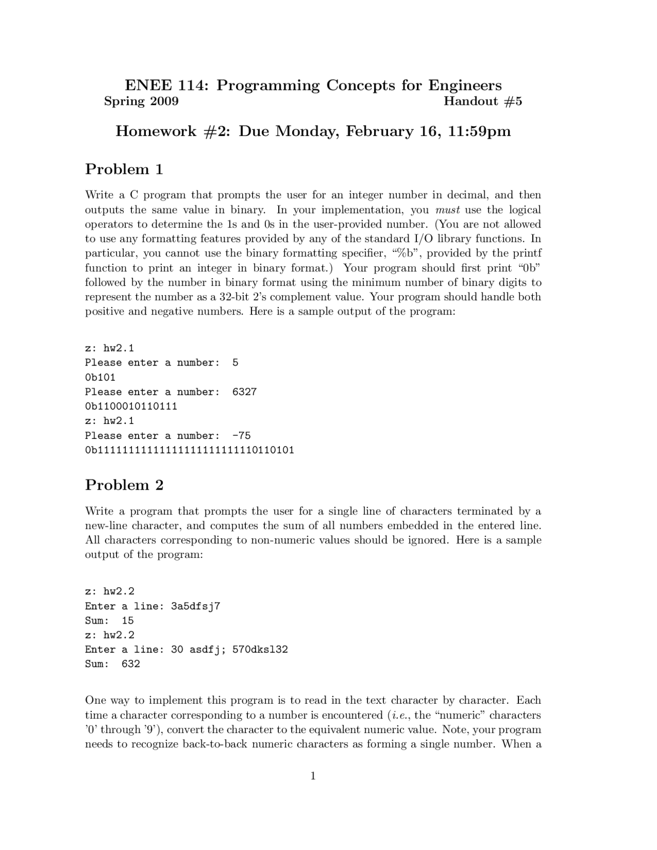 Homework 2 Programming Concepts For Engineer Handout Enee 114