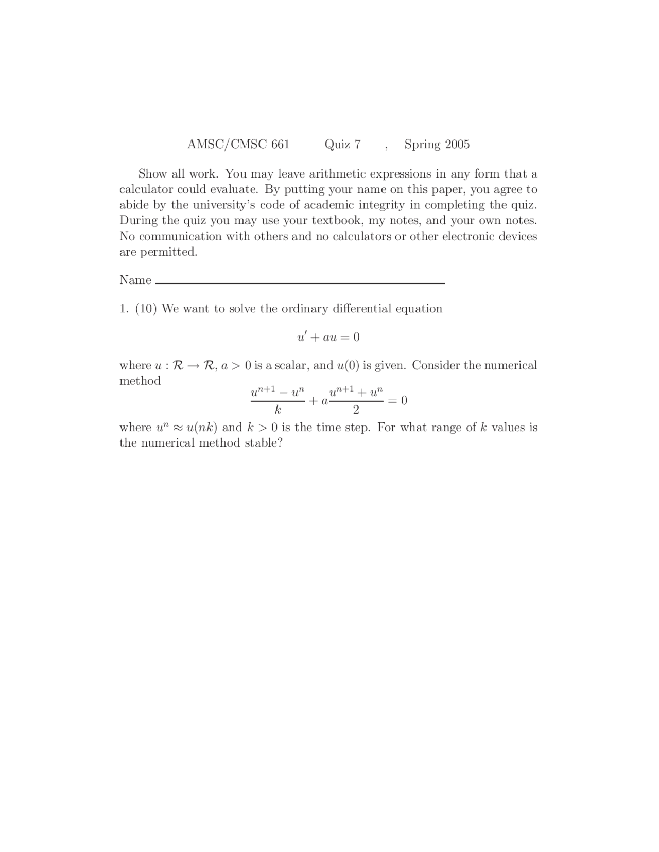 Quiz 7 Scientific Computing Ii Spring 2005 Cmsc 661 Docsity