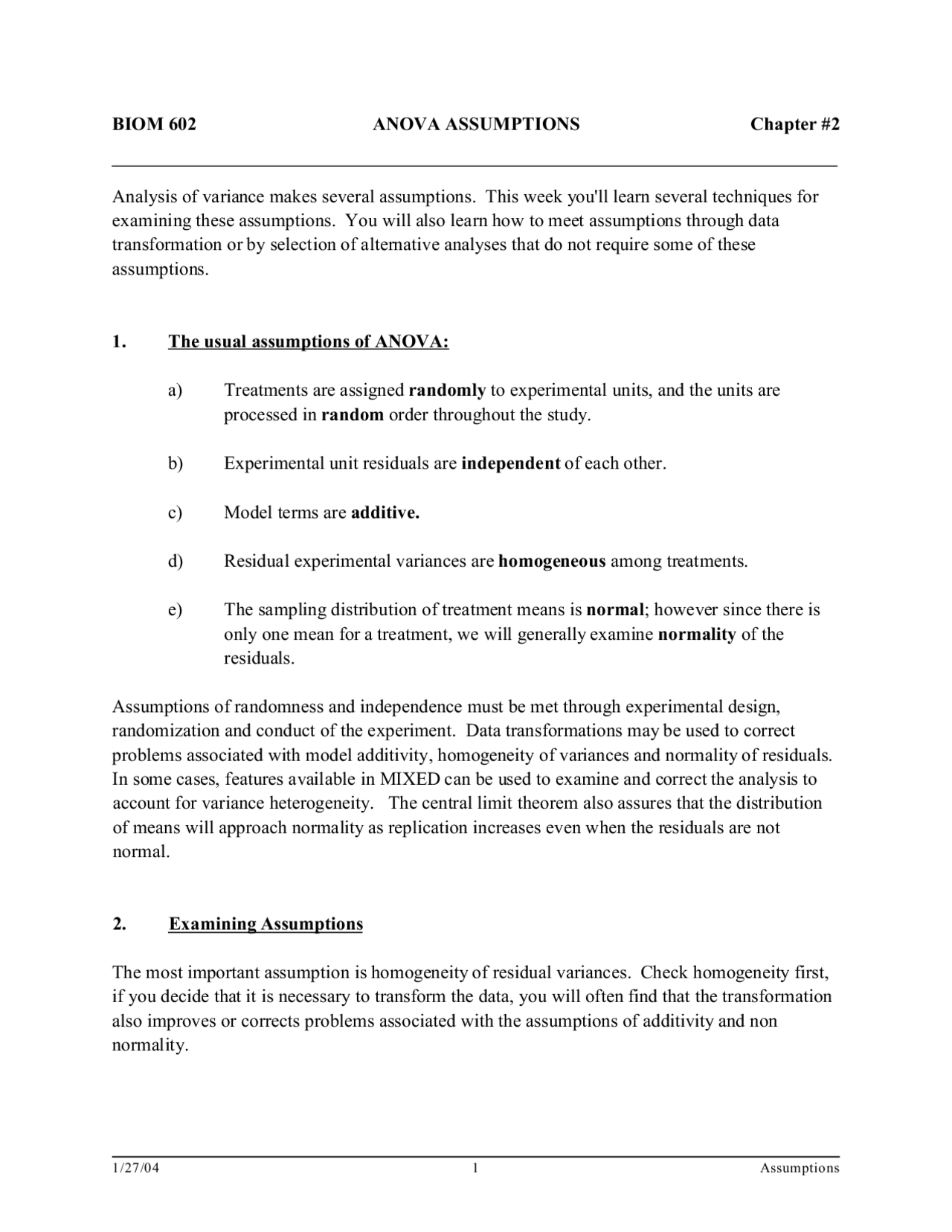 Notes On Anova Assumptions Biostatistics Ii Biom 602 Docsity