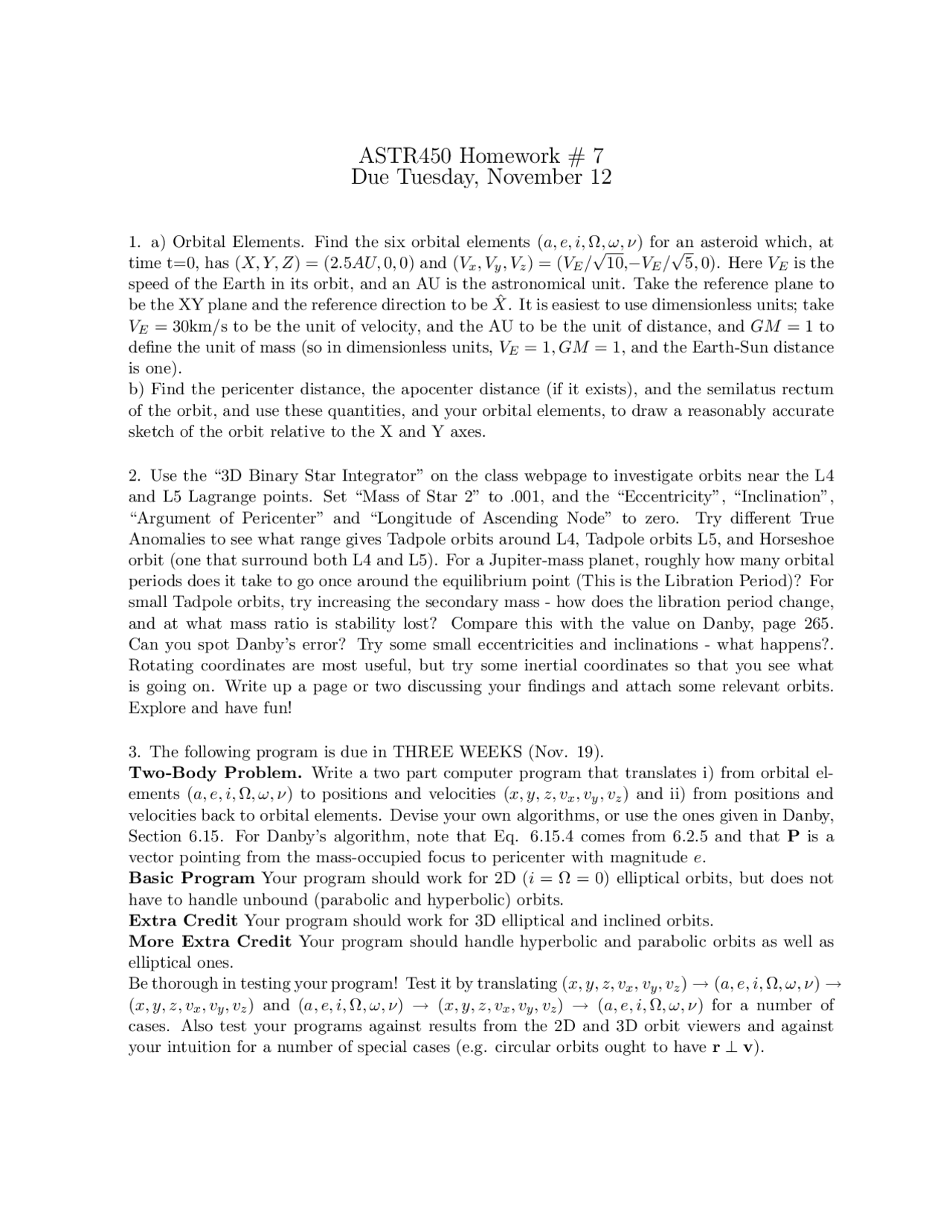 2 Problems On The Orbital Dynamics Homework 7 Astr 450 Docsity