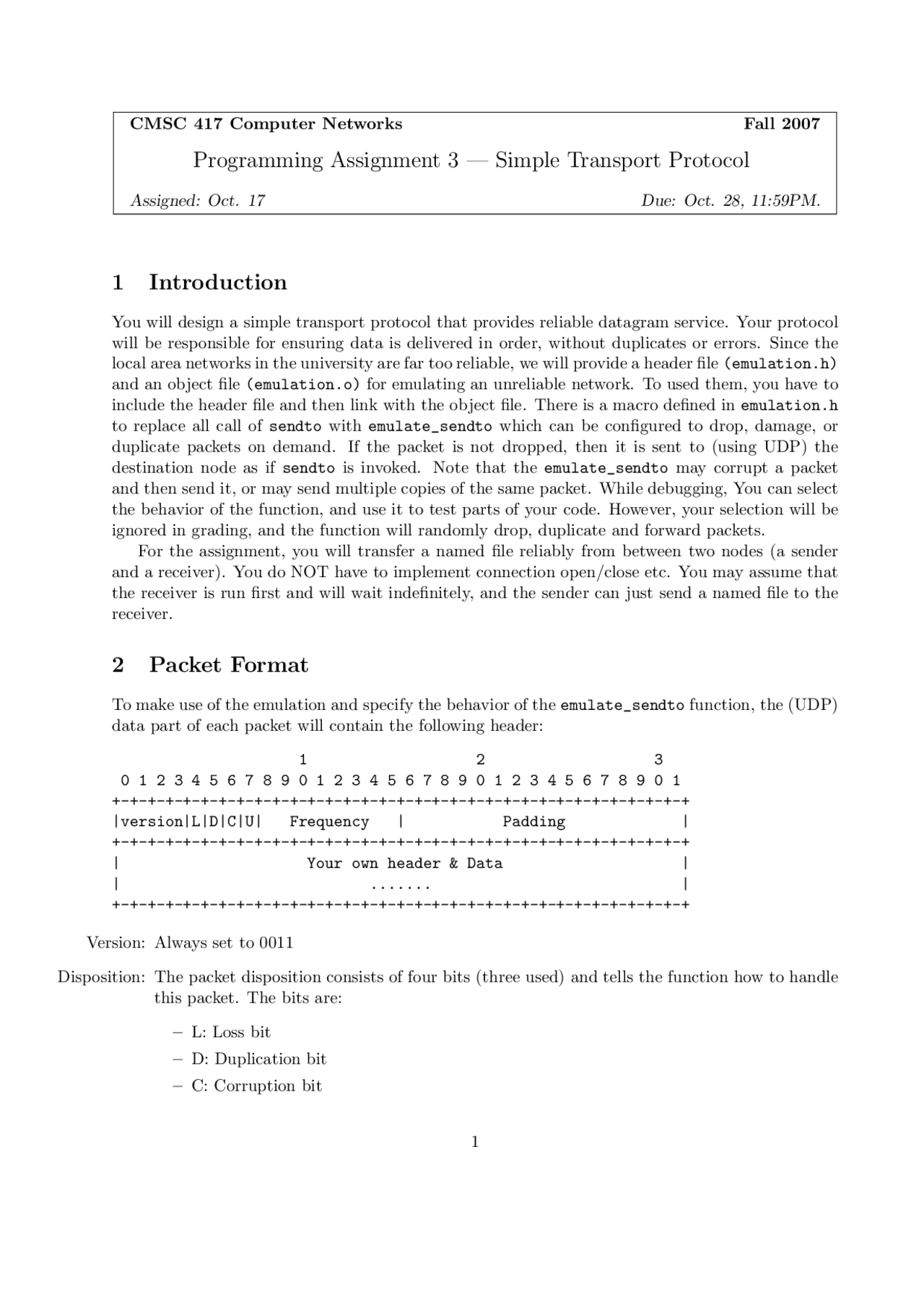 Programming Assignment 3 Simple Transport Protocol Cmsc 417 Docsity