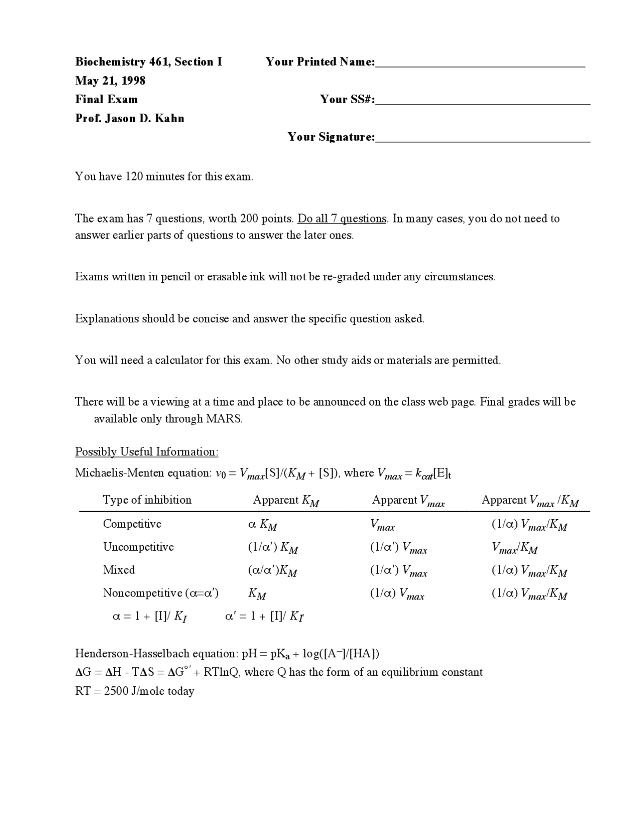 Final Exam Biochemistry I Fall 1998 Bchm 461 Docsity