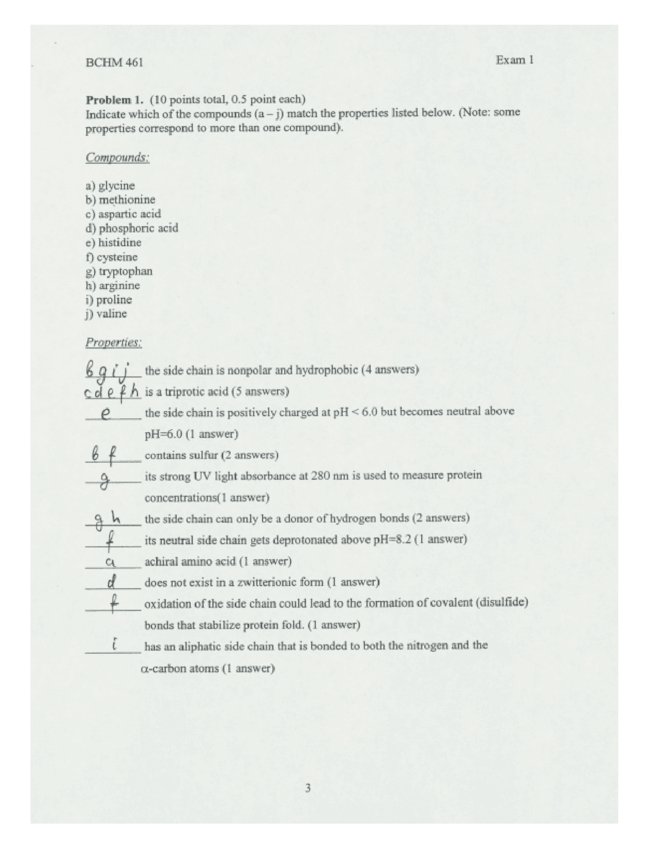 Exam Paper 1 Biochemistry I One Problem Bchm 461 Docsity