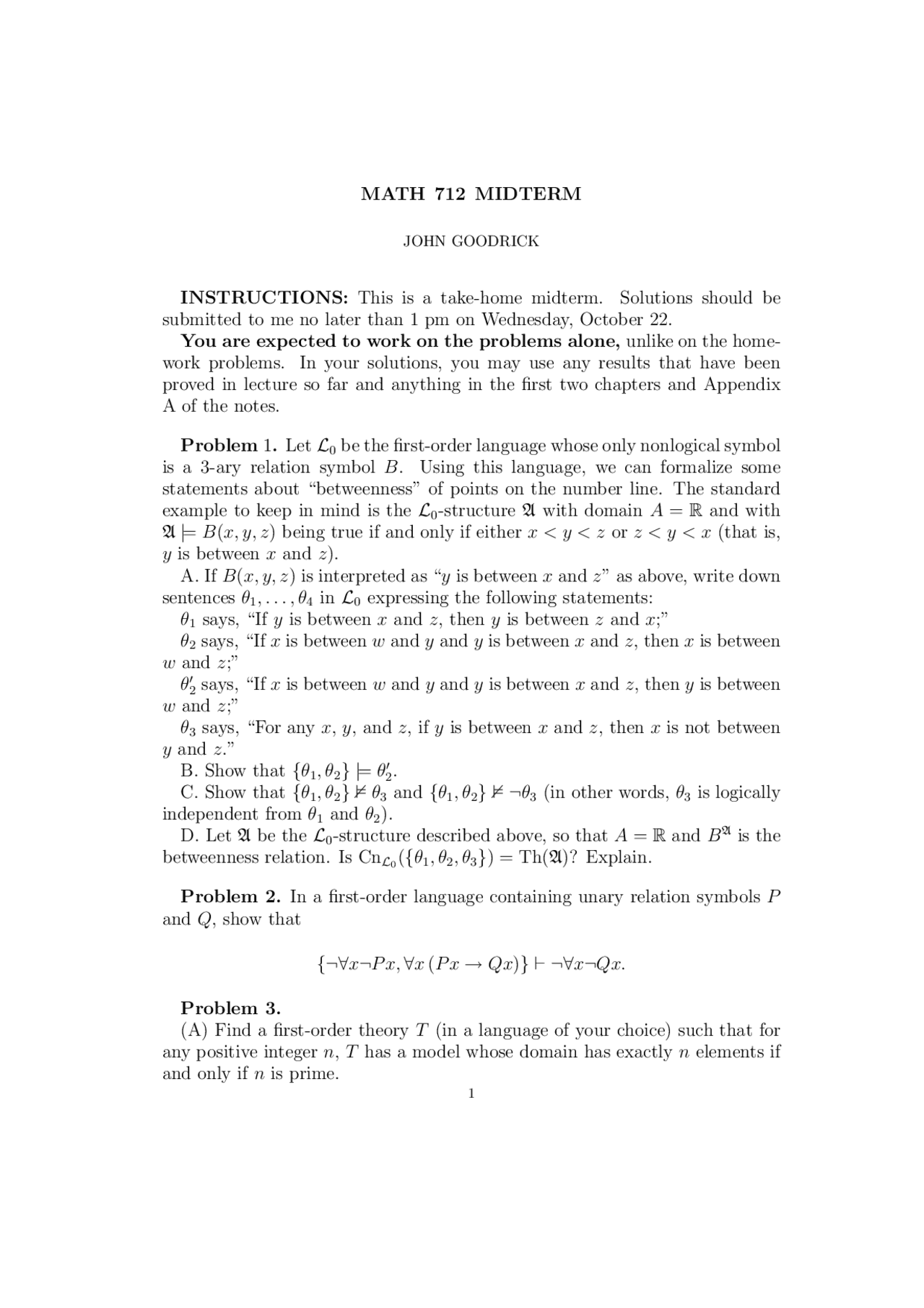 Midterm Exam Problems Mathematical Logic I Math 712 Docsity