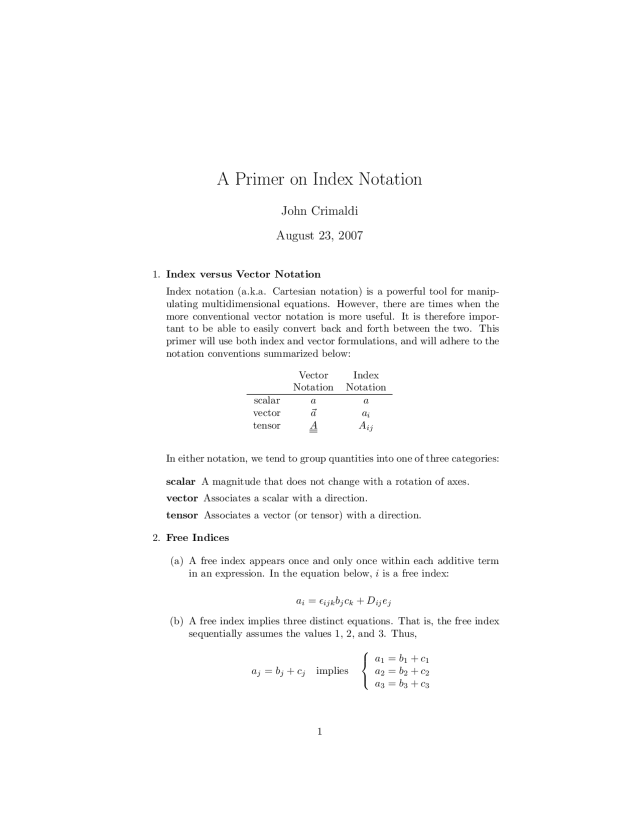 A Primer On Index Notation Lecture Notes Cven 5313 Docsity
