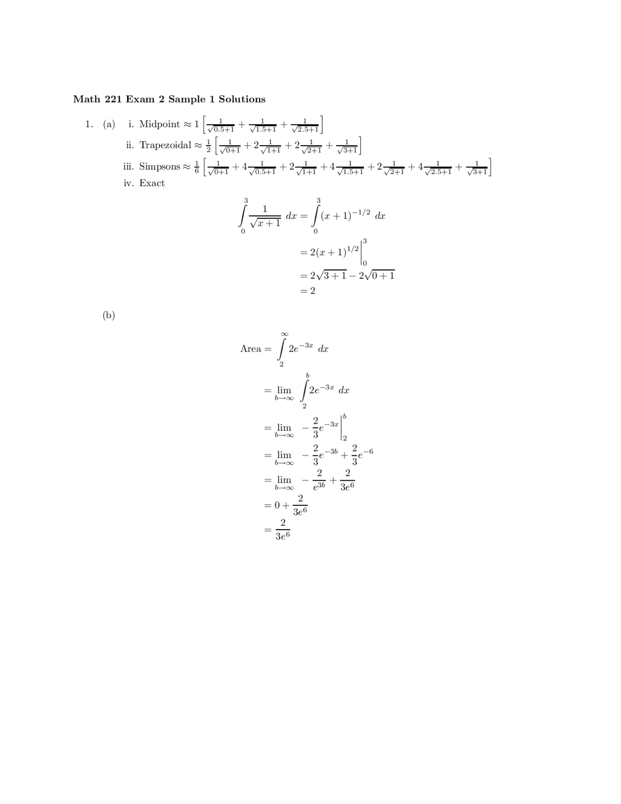 Exam 2 Sample 1 Solutions For Elementary Calculus Ii Math 221 Docsity