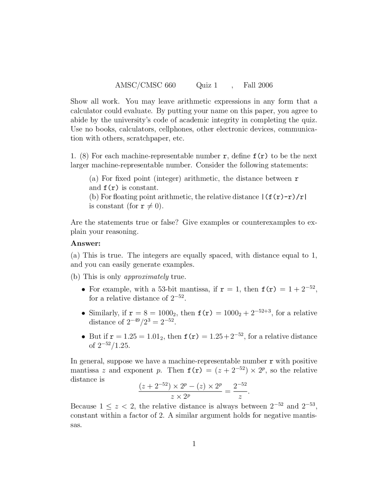 Quiz 1 in AMSC/CMSC 660: Machine Representable Numbers and Floating Point Arithmetic - Pro ...
