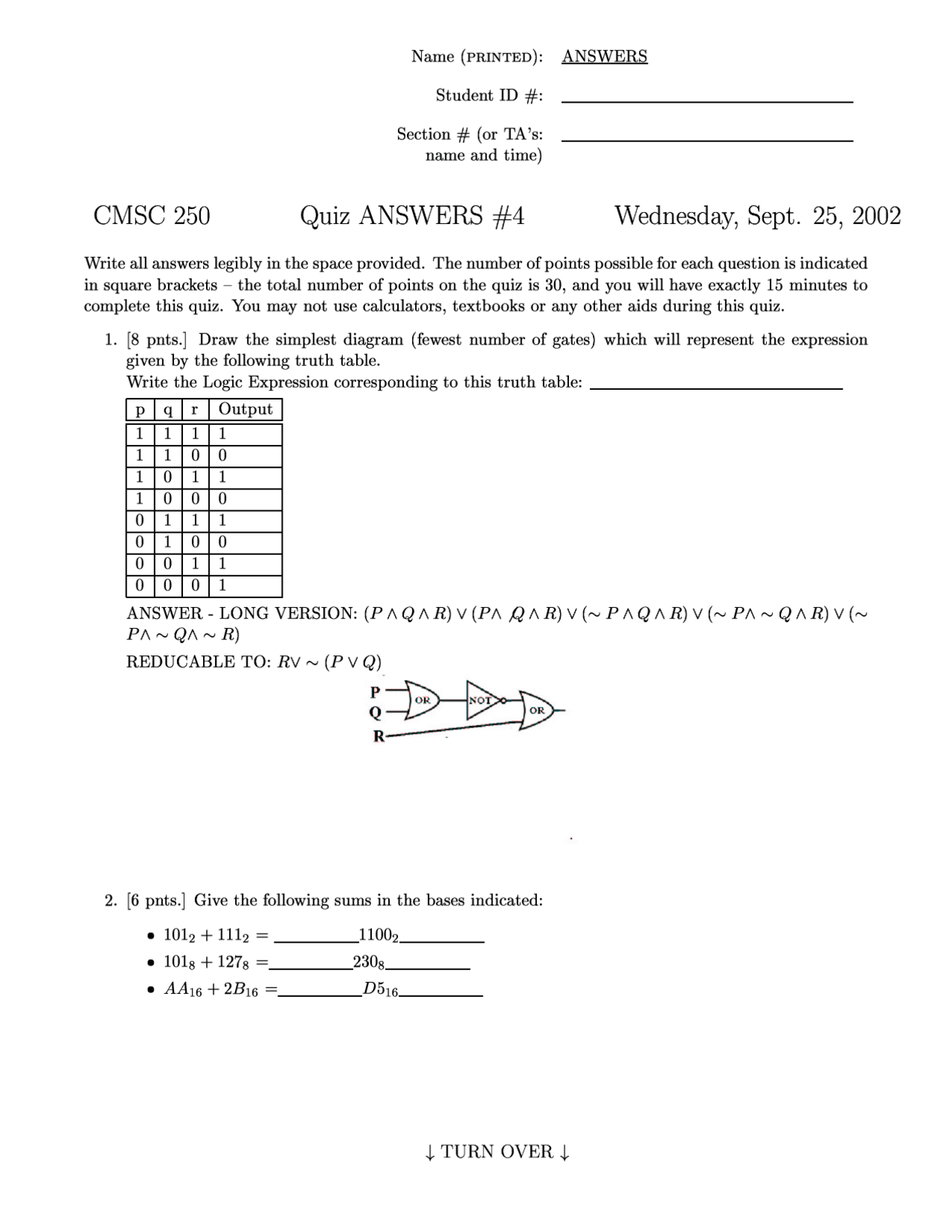 Quiz 4 With Answers Discrete Structures 2002 Cmsc 250 Docsity