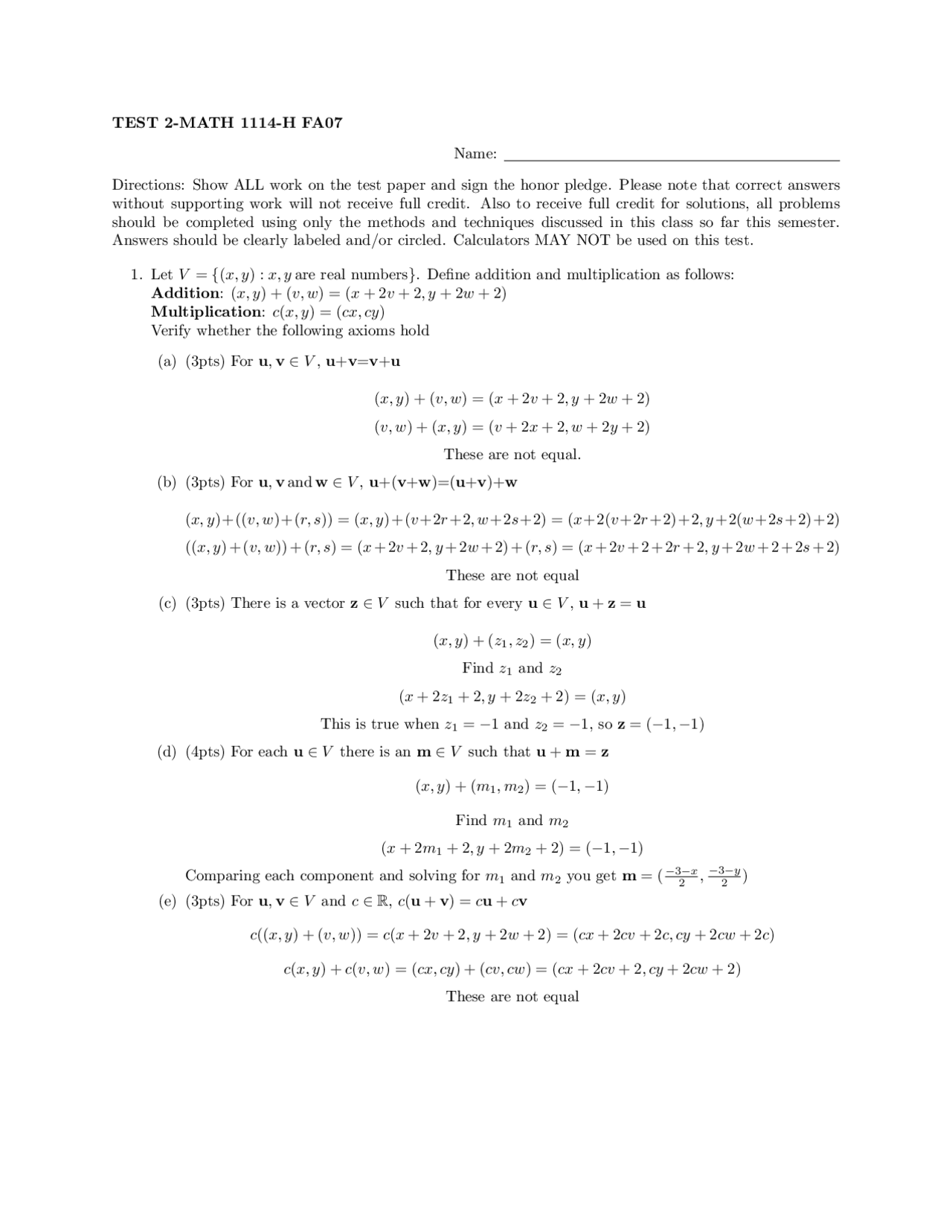 Practice Questions for Exam 2 - Elementary Linear Algebra | MATH 1114H ...