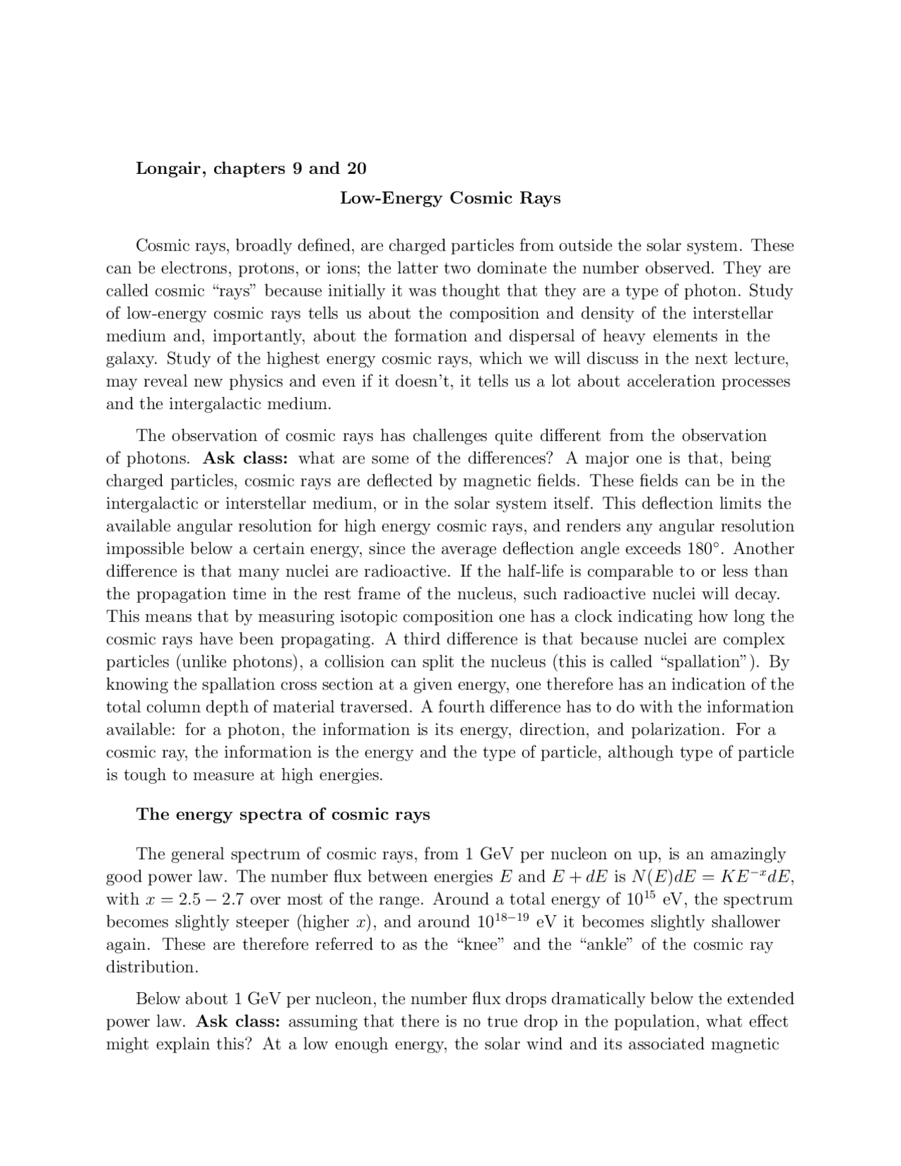 Low Energy Cosmic Rays Energy Spectra Of Cosmic Rays Astr 688 Docsity