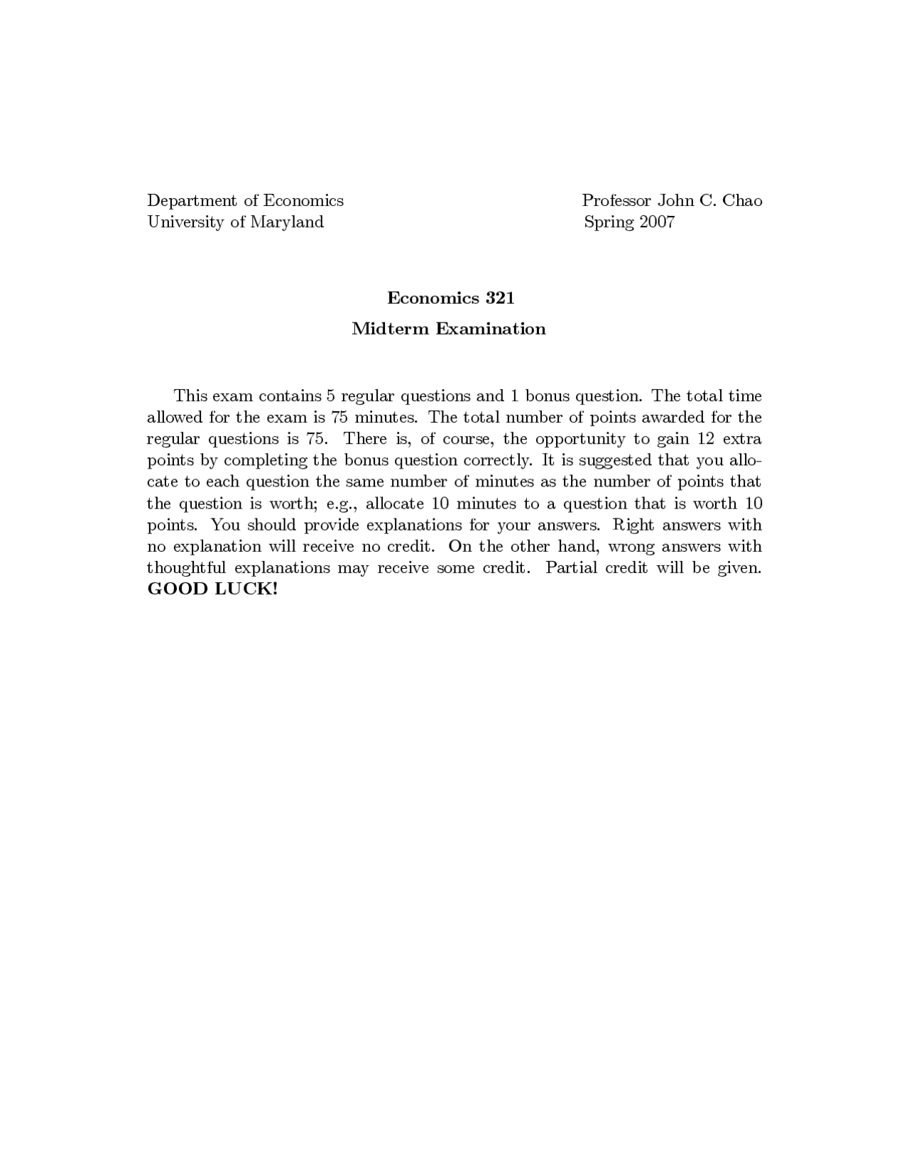 Midterm Examination Economic Statistics Spring 2007 Econ 321