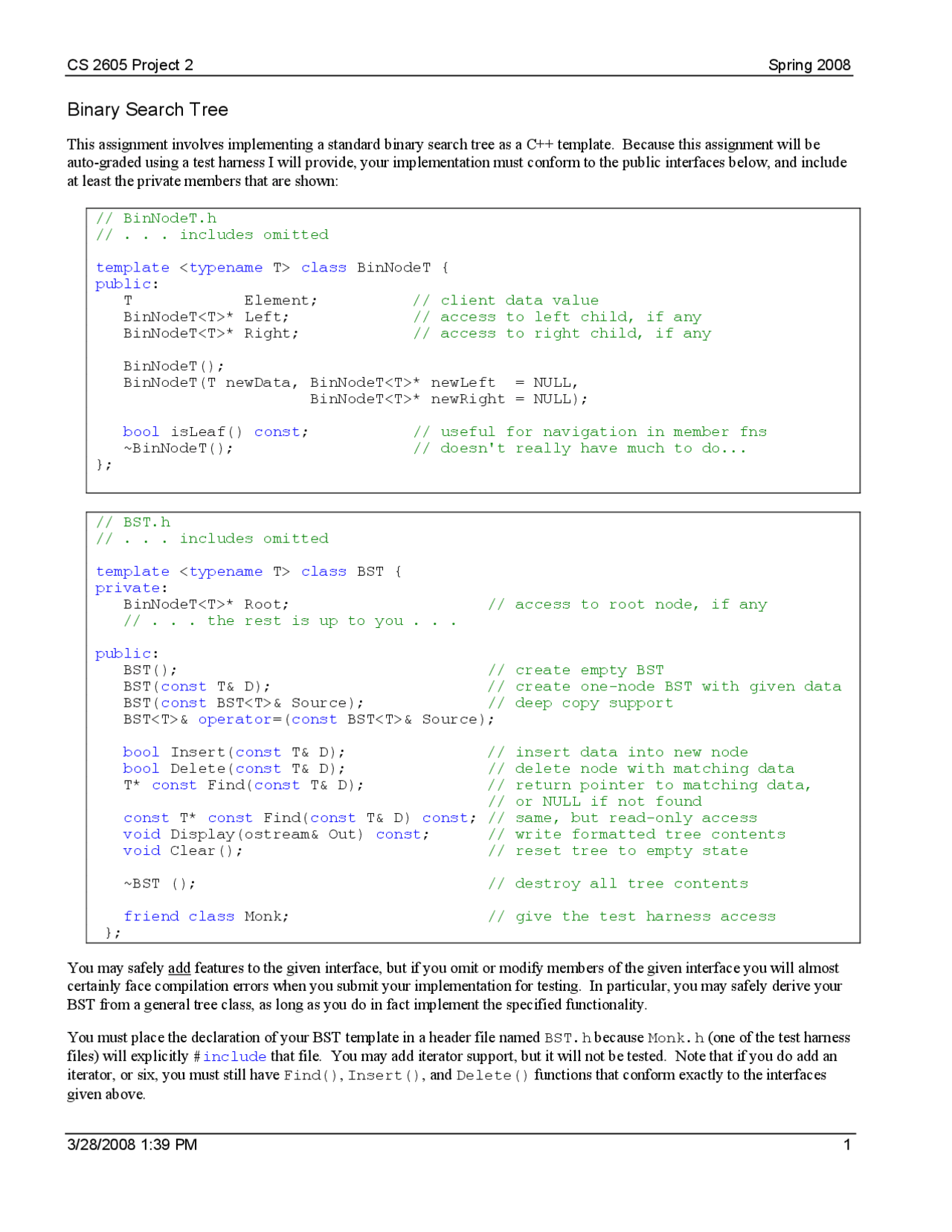 Binary Search Tree Project Report 2 Cs 2605 Docsity